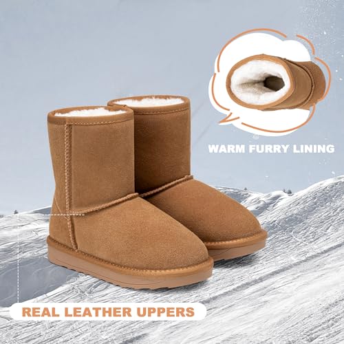 Vepose Boy's Girl's Snow Boots Brown Cow Suede Leather Warm Classic Booties for Big Kids Size 4(CTX827 Brown 04)