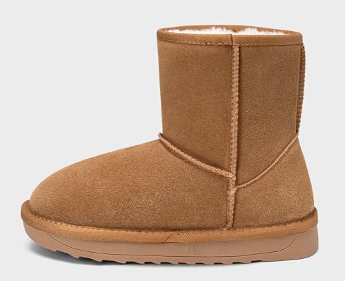 Vepose Boy's Girl's Snow Boots Brown Cow Suede Leather Warm Classic Booties for Big Kids Size 4(CTX827 Brown 04)