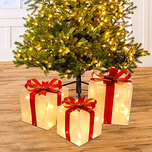 Twinkle Star Set of 3 Christmas Lighted Gift Boxes, Xmas Tree Skirt Ornament, Light Up Indoor Outdoor Pathway Present Box Holiday Party Yard Decorations