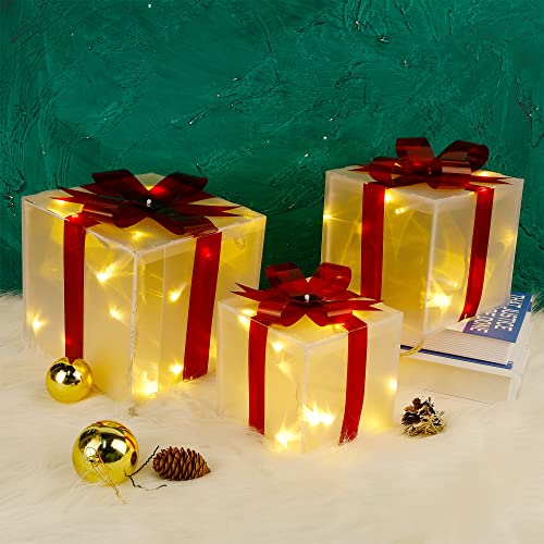 Twinkle Star Set of 3 Christmas Lighted Gift Boxes, Xmas Tree Skirt Ornament, Light Up Indoor Outdoor Pathway Present Box Holiday Party Yard Decorations