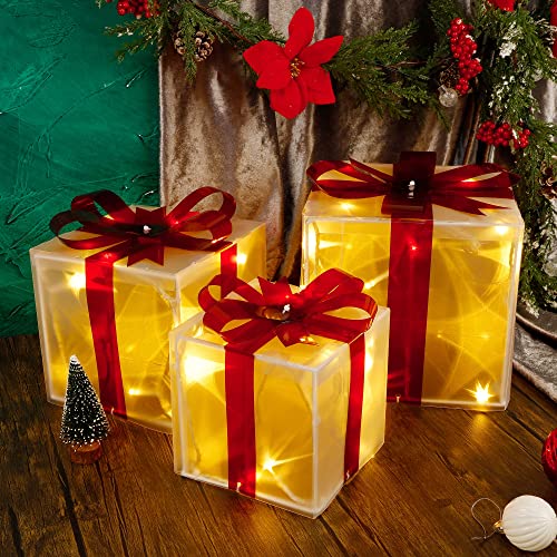 Twinkle Star Set of 3 Christmas Lighted Gift Boxes, Xmas Tree Skirt Ornament, Light Up Indoor Outdoor Pathway Present Box Holiday Party Yard Decorations