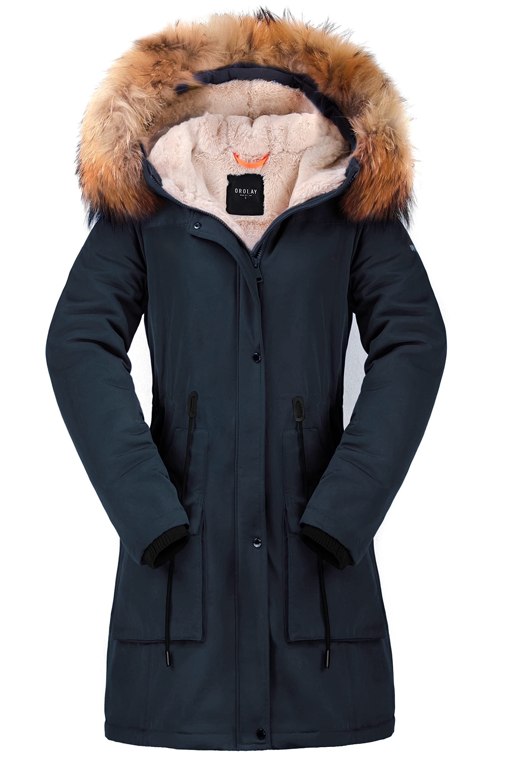 Orolay Women's Thicken Fleece Lined Parka Winter Coat Hooded Jacket with Removable Fur Collar Navy XL