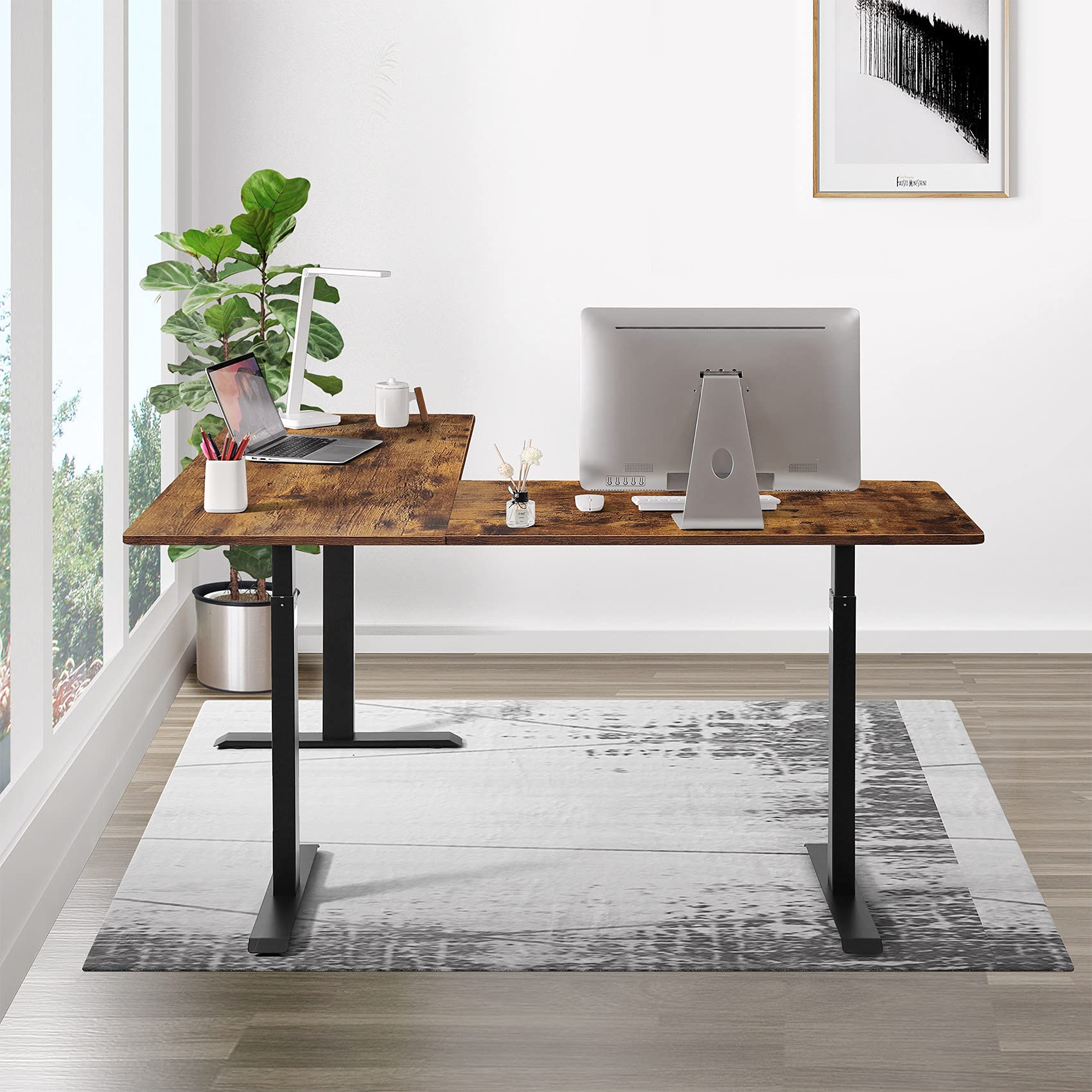 UNICOO – L Shaped Crank Height Adjustable Standing Desk, Sit to Stand up Corner Desk, L-Shaped Standing Workstation (Black Frame/Rustic Brown Top- L Shape Crank)