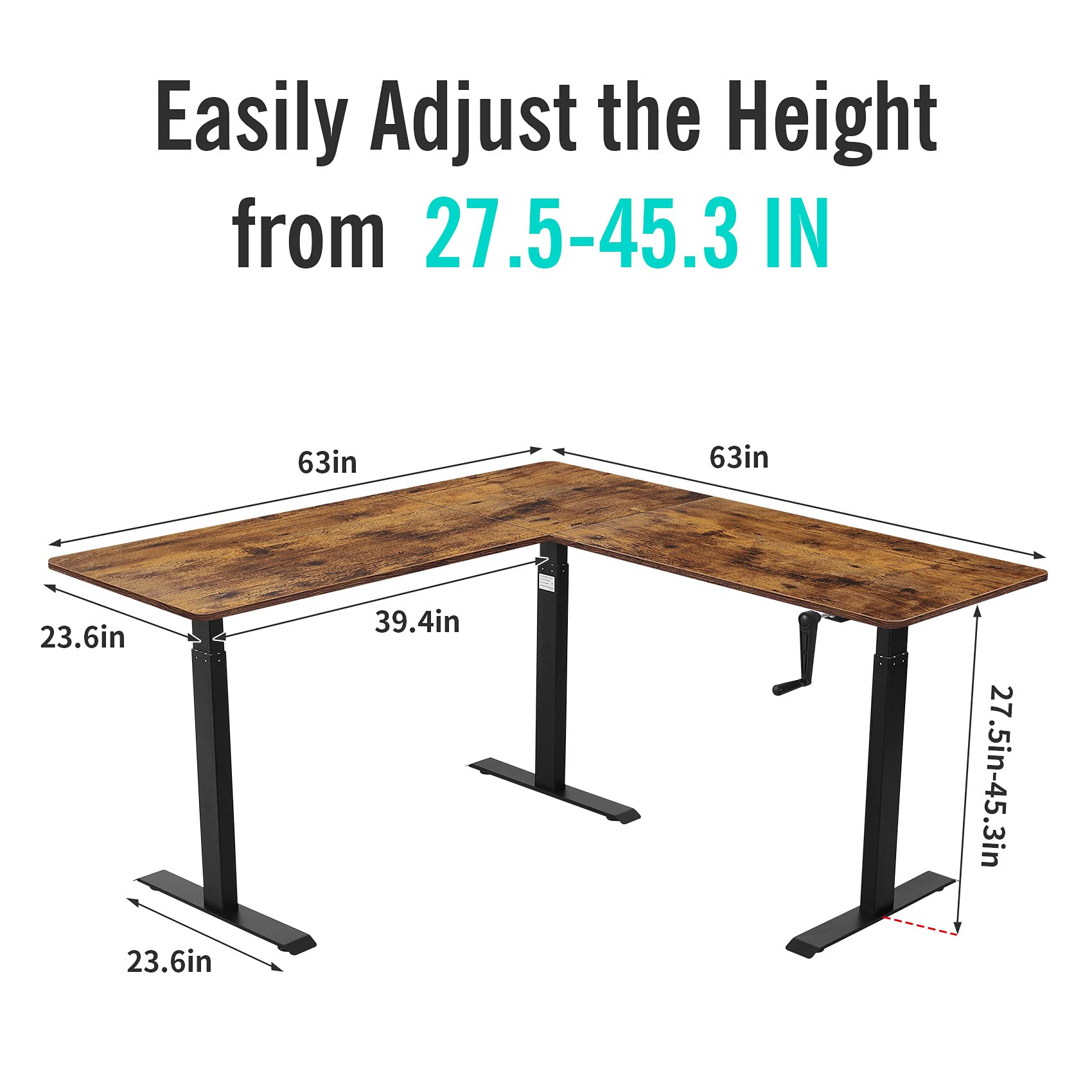UNICOO – L Shaped Crank Height Adjustable Standing Desk, Sit to Stand up Corner Desk, L-Shaped Standing Workstation (Black Frame/Rustic Brown Top- L Shape Crank)