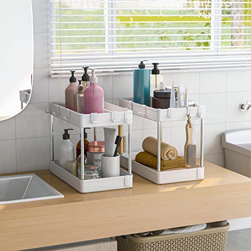 2 Pack Under Sink Organizer And Storage, 2 Tier Bathroom Cabinet Storage Rack with 12 Hooks,Multi-purpose Organizer And Storage For Kitchen Countertop Bathroom Cabinet (White)