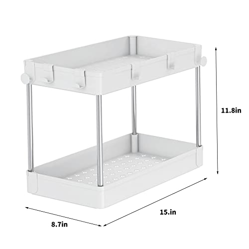 2 Pack Under Sink Organizer And Storage, 2 Tier Bathroom Cabinet Storage Rack with 12 Hooks,Multi-purpose Organizer And Storage For Kitchen Countertop Bathroom Cabinet (White)