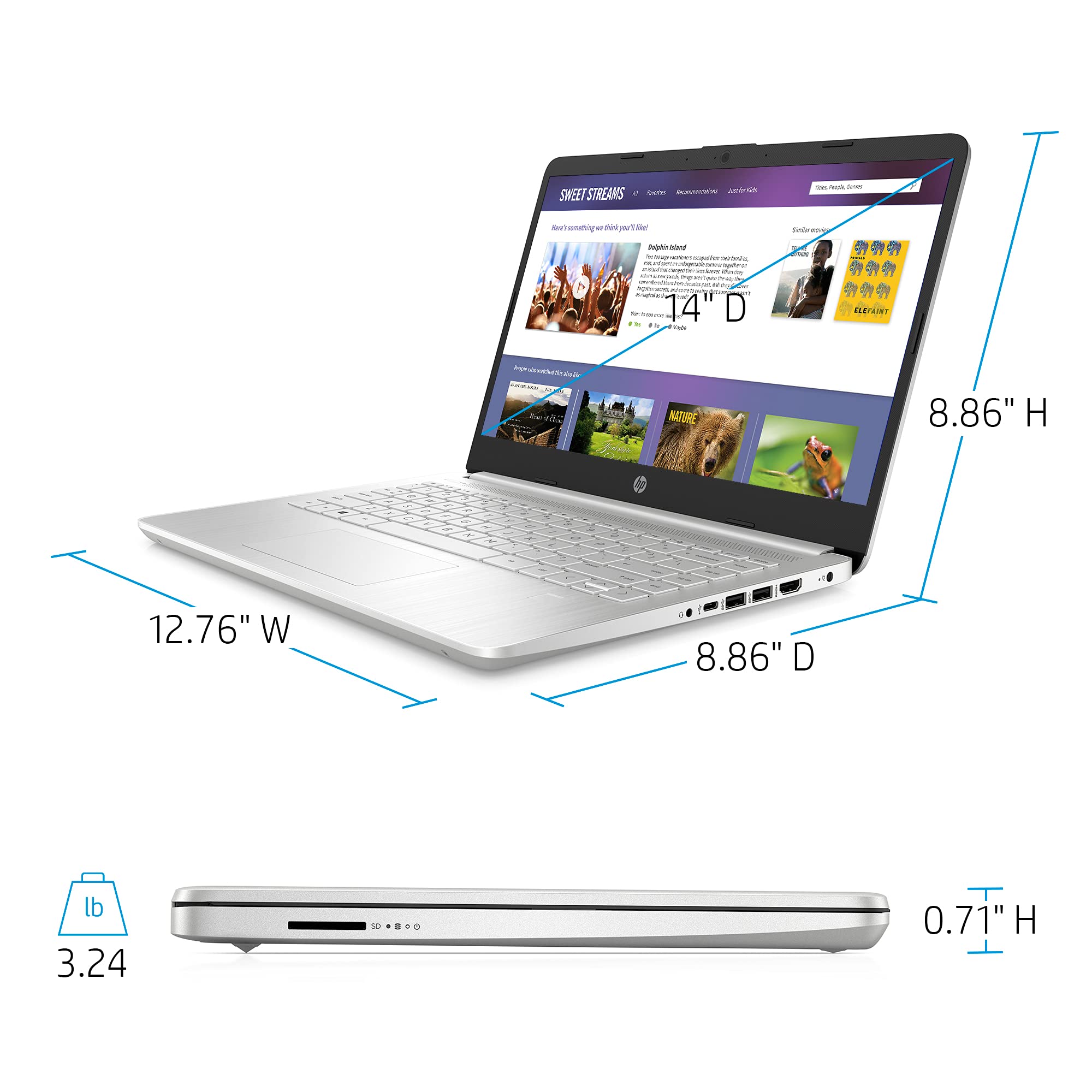 HP 2021 14 inch FHD Laptop Computer, Intel 11th Gen Core i3-1115G4 (Beats i5-8265U), 8GB RAM, 256GB SSD, USB-C, HDMI, HD Webcam, WiFi, Fingerprint Reader, Windows 10 S, Silver, Fairywren Card