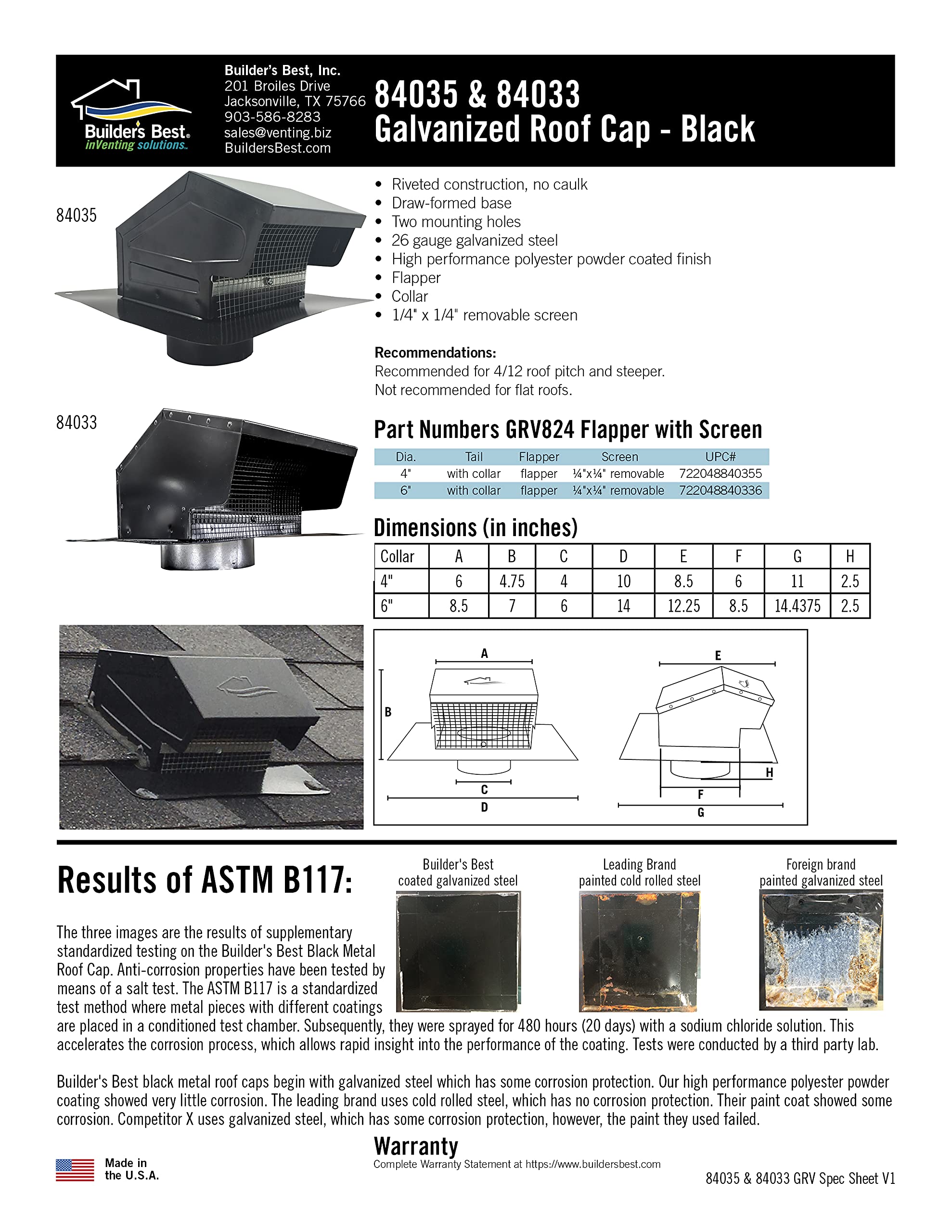 Builder's Best 84035 Galvanized Steel Roof Vent Cap with Damper & Removable Screen, 4" Diameter Collar, Black