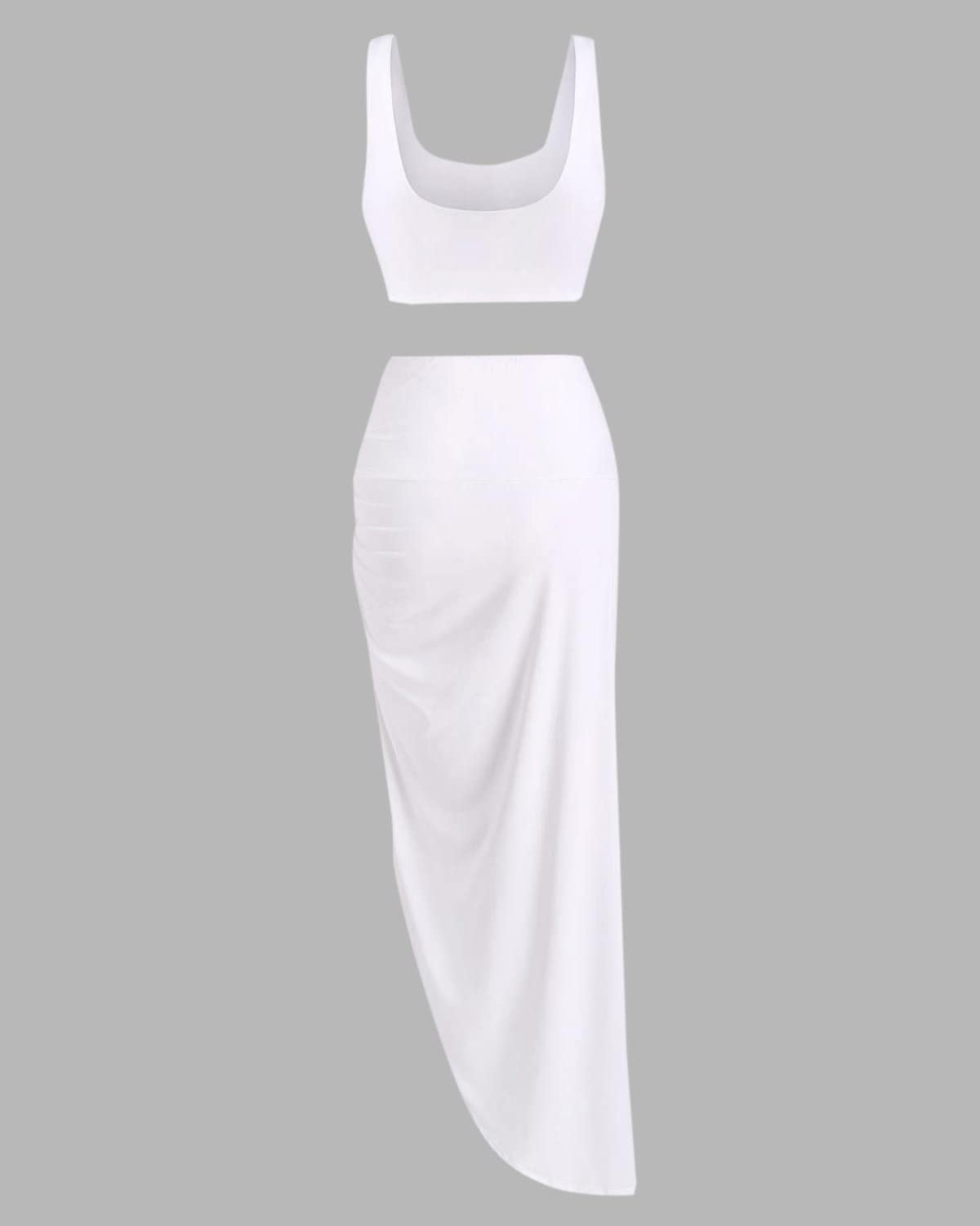 ZAFUL Women's Casual Sleeveless Summer Two Piece Outfits Solid Crop Top and Draped Ruched Maxi Skirt Set Solid Suiting (C-White, S)