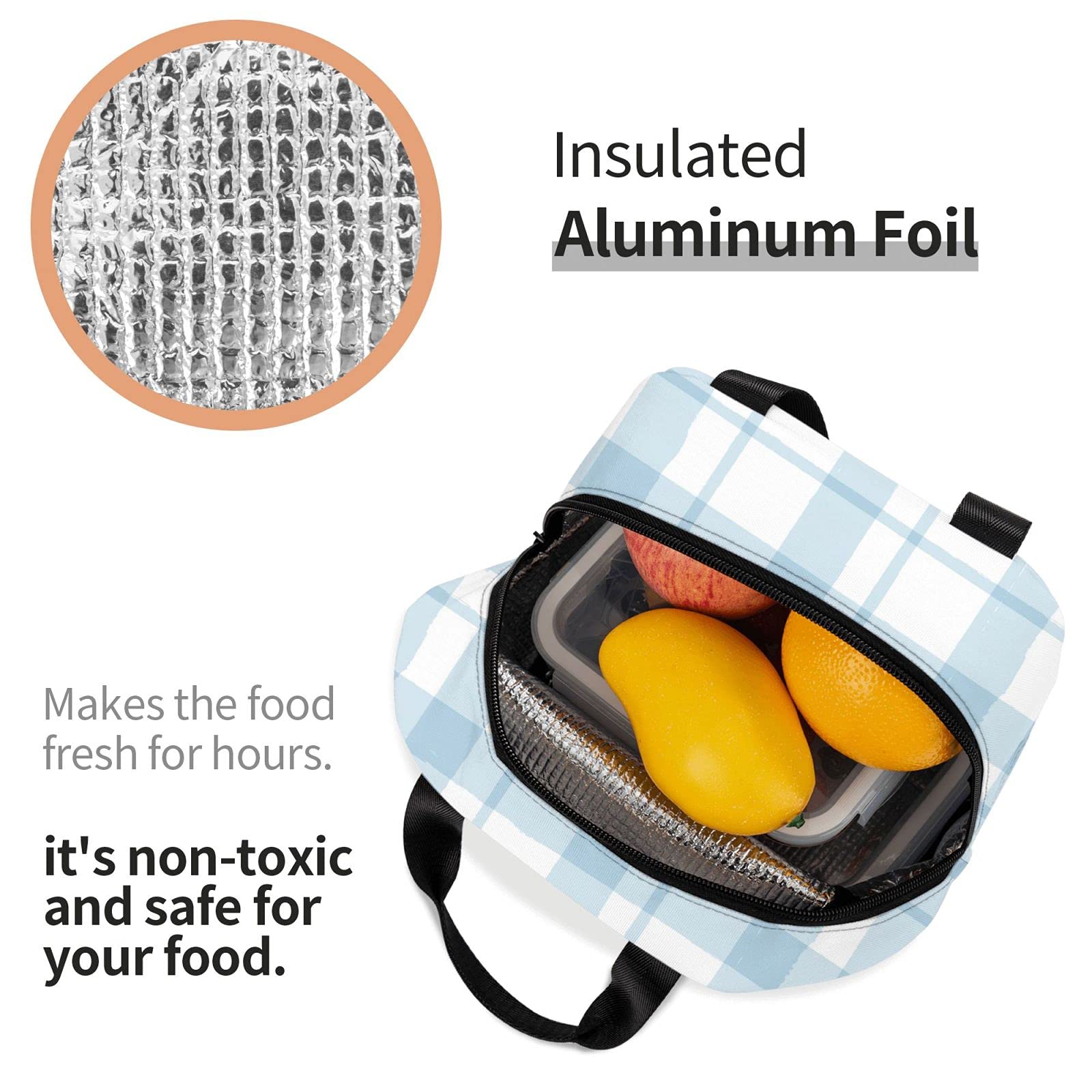 DADABULIU Lunch Bag Plaid Blue Check Insulated Lunch Box Cooler Tote for Adults Kid Girl Women Work Office School Picnic Beach Reusable Lunchbox Over 3 Years Old