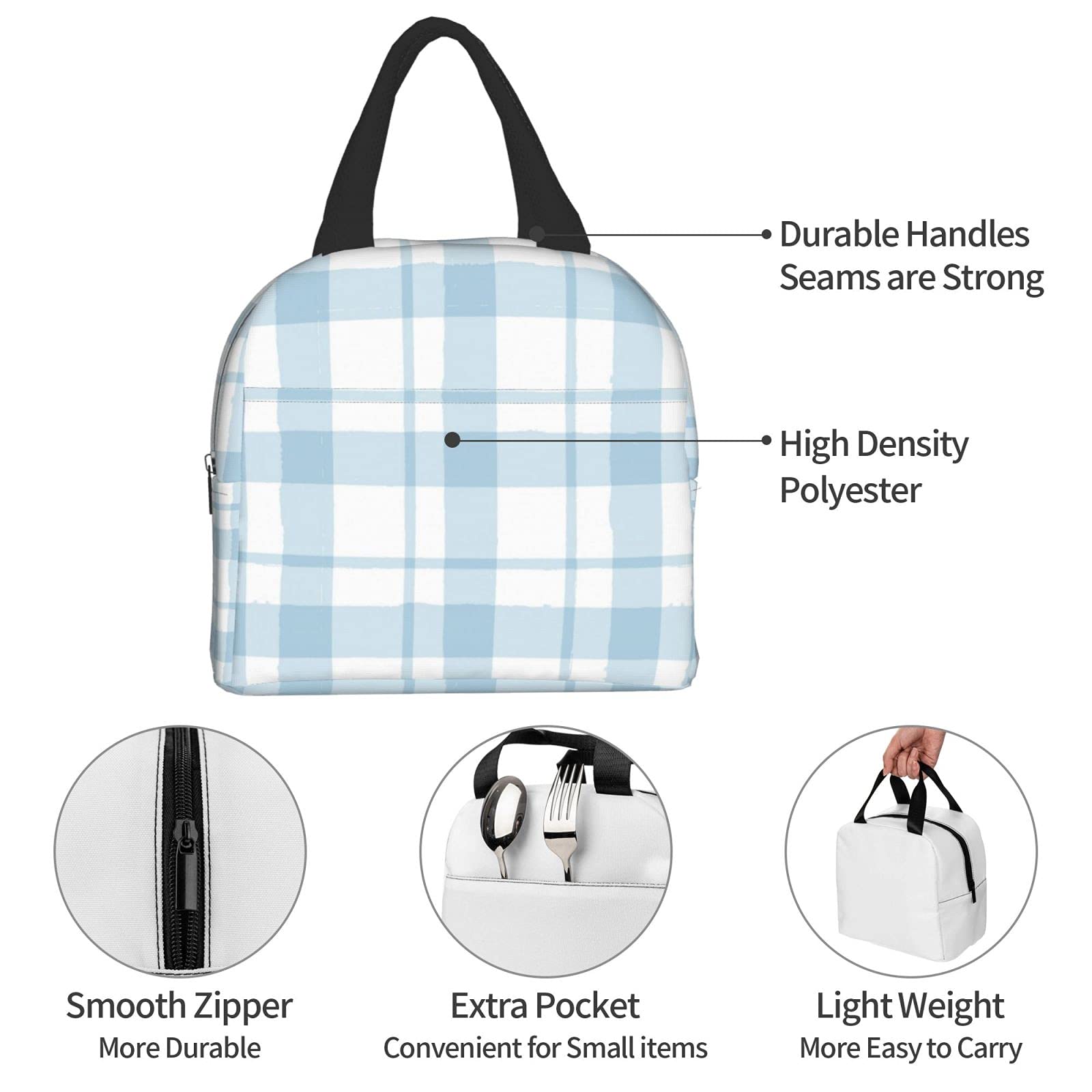 DADABULIU Lunch Bag Plaid Blue Check Insulated Lunch Box Cooler Tote for Adults Kid Girl Women Work Office School Picnic Beach Reusable Lunchbox Over 3 Years Old