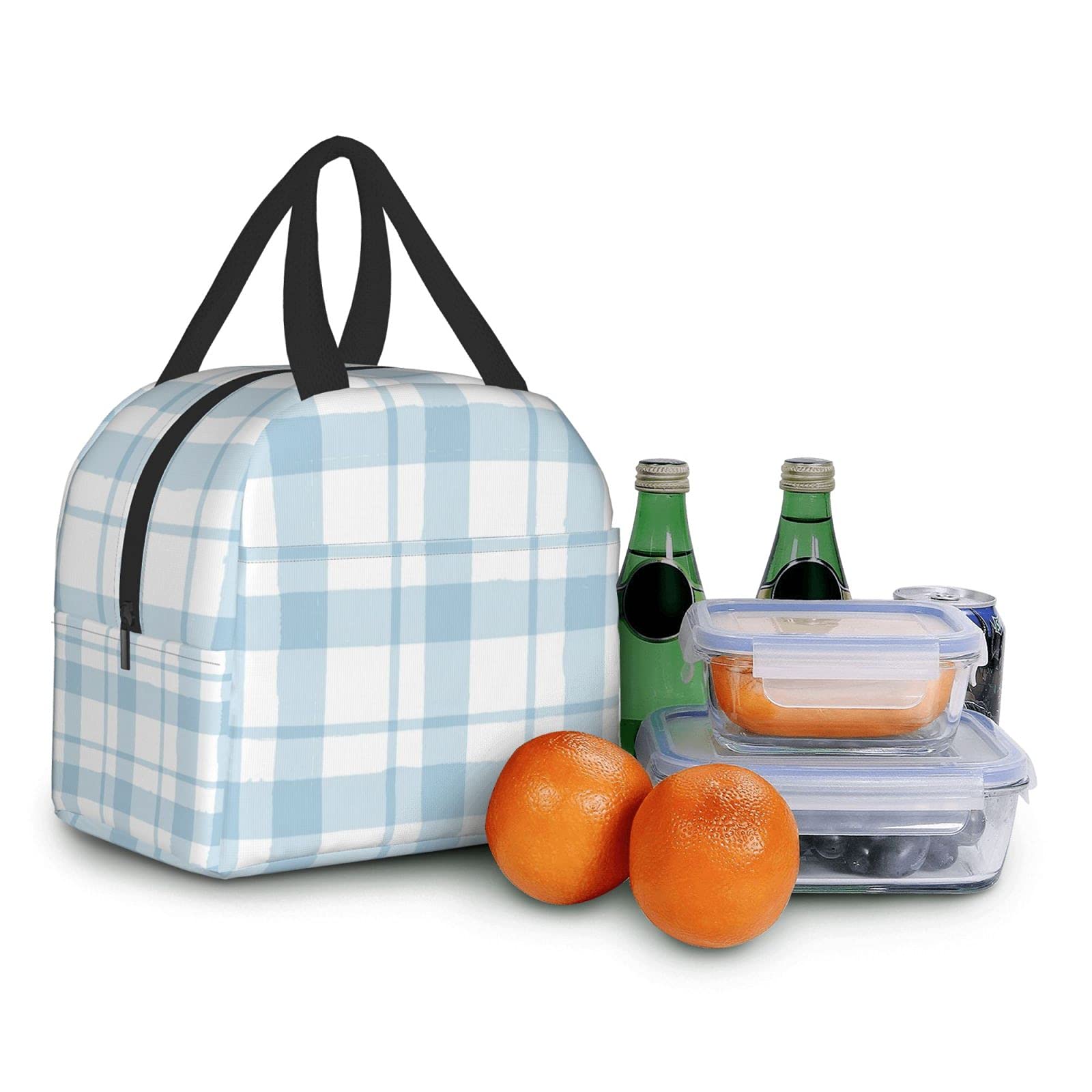 DADABULIU Lunch Bag Plaid Blue Check Insulated Lunch Box Cooler Tote for Adults Kid Girl Women Work Office School Picnic Beach Reusable Lunchbox Over 3 Years Old