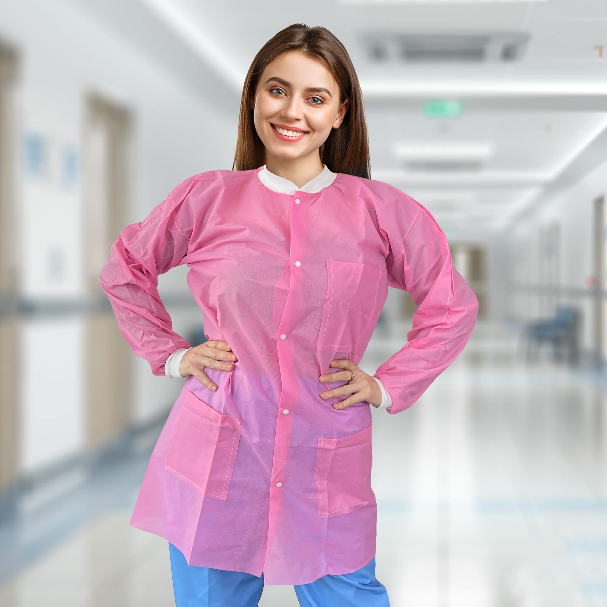 EZGOODZ Light Pink Disposable Lab Coats for Adults, X-Large. 10 Pack Medical PPE Coat. SPP 45 GSM Painting Lab Coat with Cuffs, Collar, Plastic Snaps, 3 Pockets. Splash-Proof Disposable Coats Medical