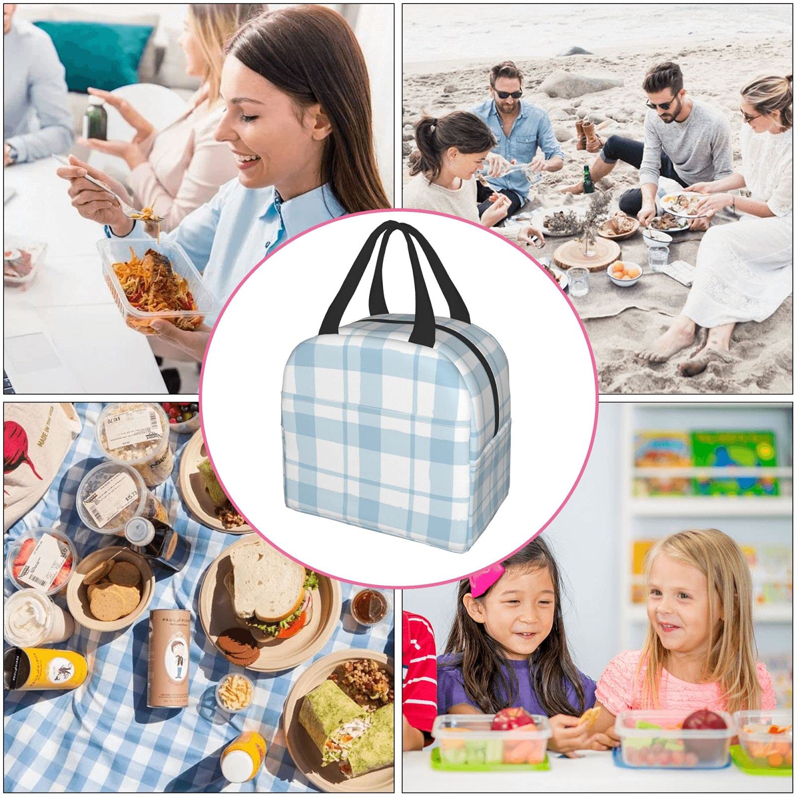 DADABULIU Lunch Bag Plaid Blue Check Insulated Lunch Box Cooler Tote for Adults Kid Girl Women Work Office School Picnic Beach Reusable Lunchbox Over 3 Years Old