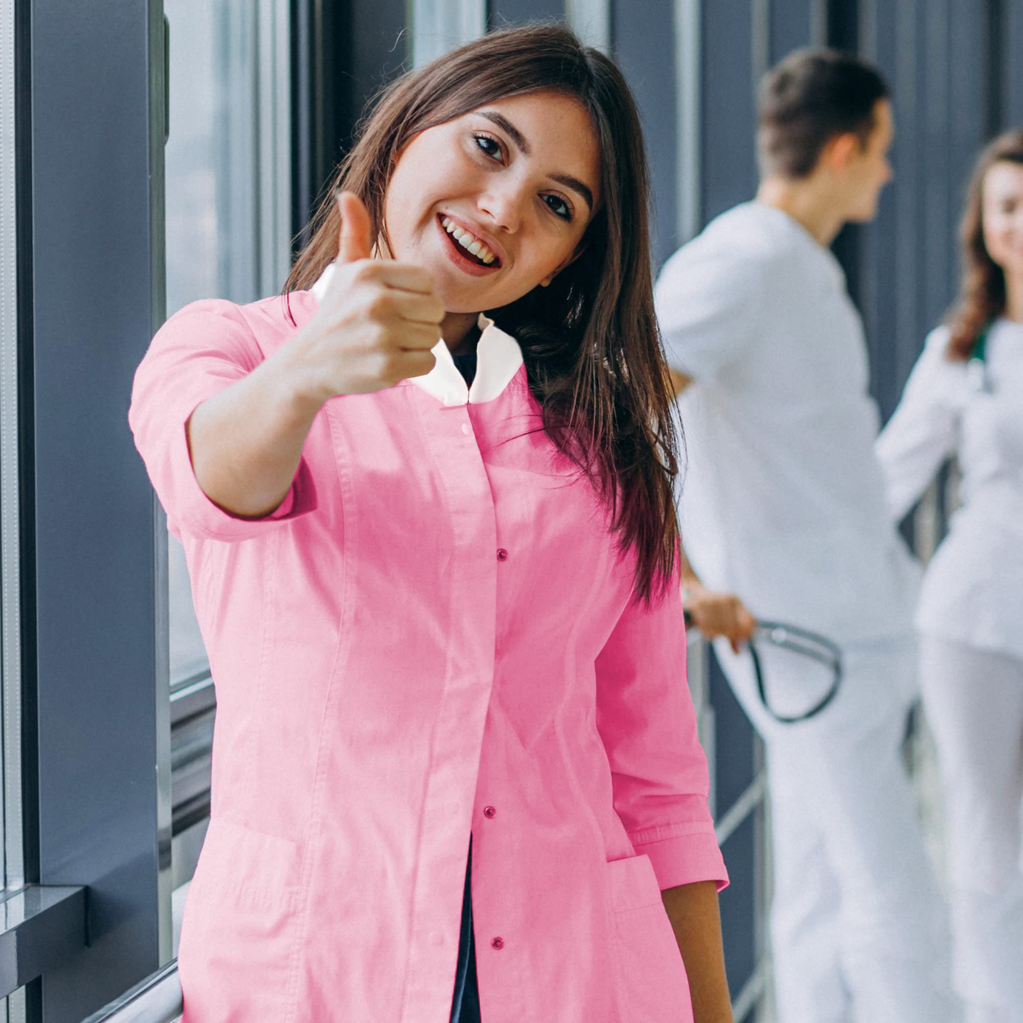 EZGOODZ Light Pink Disposable Lab Coats for Adults, X-Large. 10 Pack Medical PPE Coat. SPP 45 GSM Painting Lab Coat with Cuffs, Collar, Plastic Snaps, 3 Pockets. Splash-Proof Disposable Coats Medical
