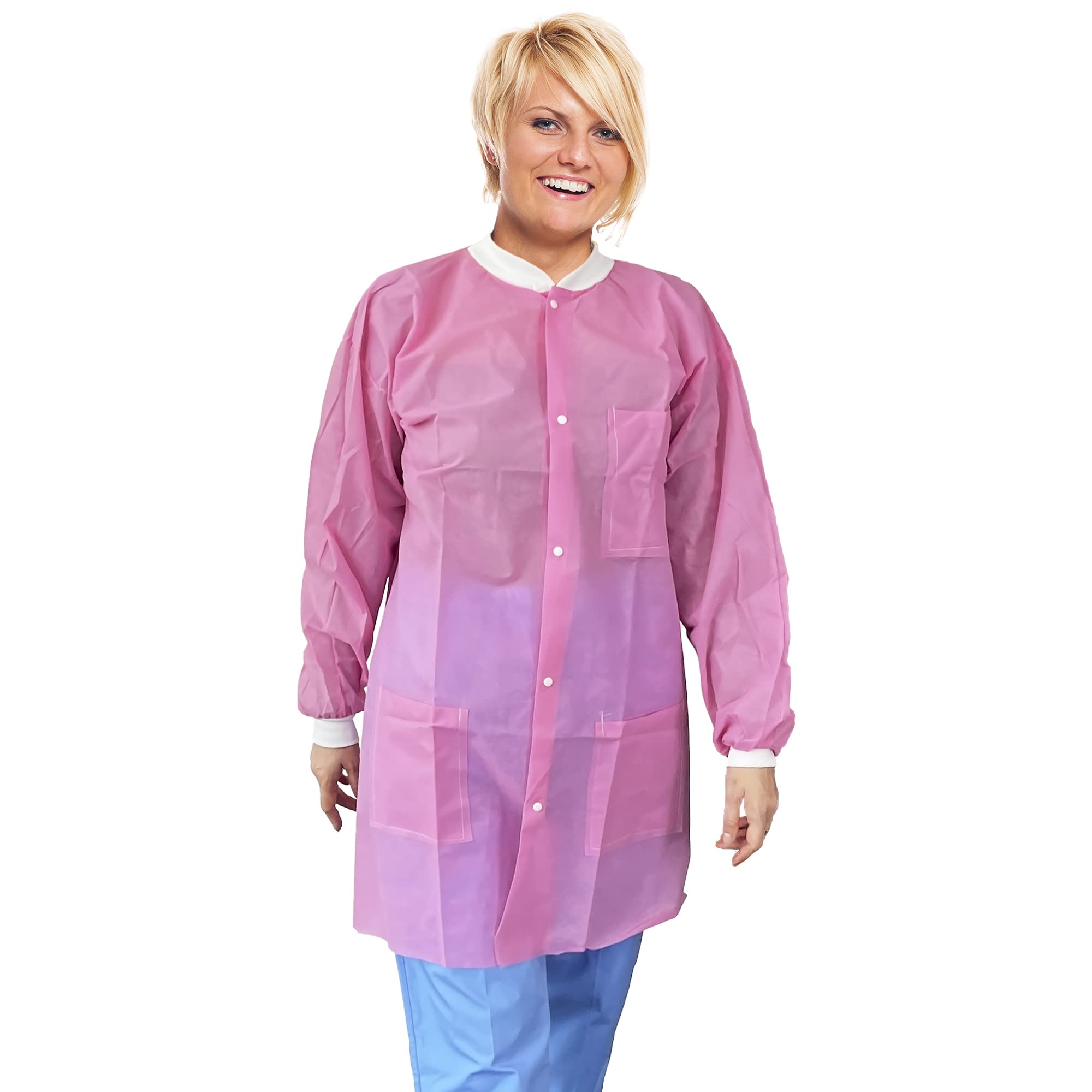 EZGOODZ Light Pink Disposable Lab Coats for Adults, X-Large. 10 Pack Medical PPE Coat. SPP 45 GSM Painting Lab Coat with Cuffs, Collar, Plastic Snaps, 3 Pockets. Splash-Proof Disposable Coats Medical