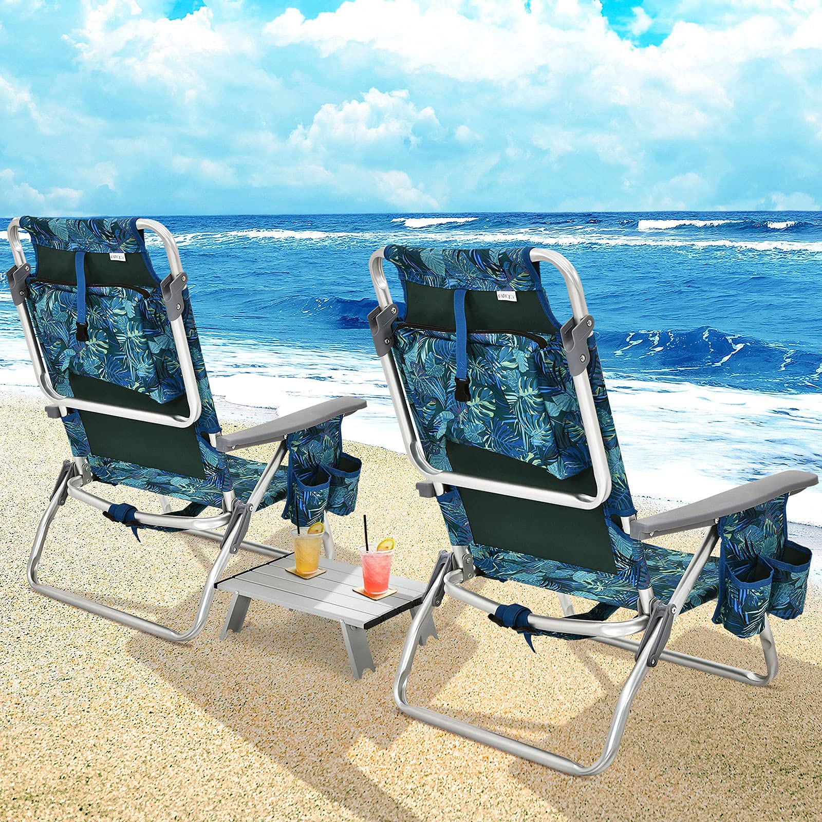 Giantex Folding Camping Chair 3 PCS Beach Chair and Aluminum Table Set, Patio Sling Chairs with 5 Adjustable Position, Backpack Lawn Chair for Fishing, Travelling Sunbathing Chairs Set