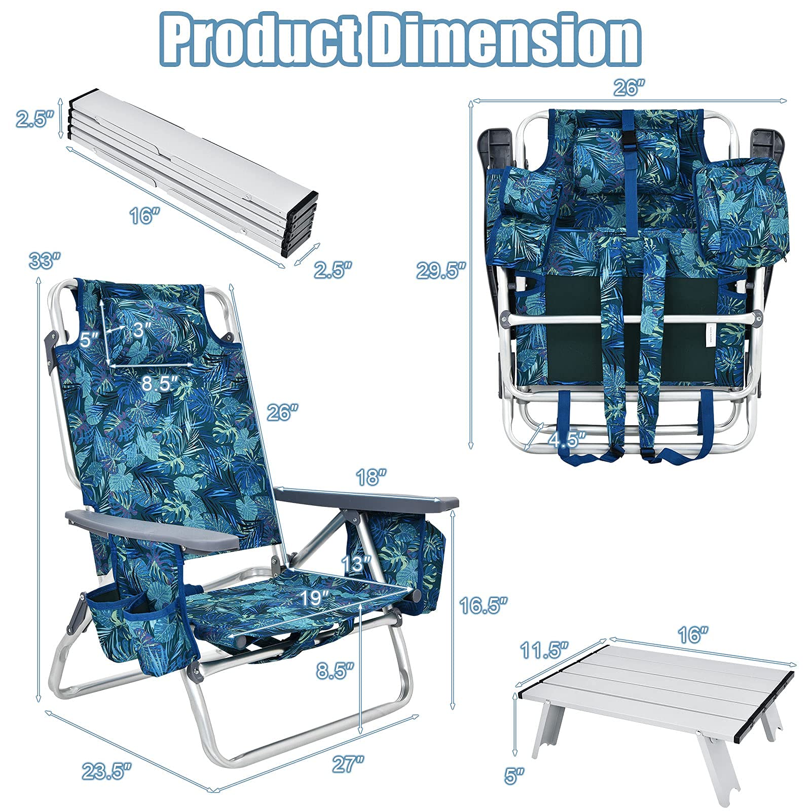 Giantex Folding Camping Chair 3 PCS Beach Chair and Aluminum Table Set, Patio Sling Chairs with 5 Adjustable Position, Backpack Lawn Chair for Fishing, Travelling Sunbathing Chairs Set