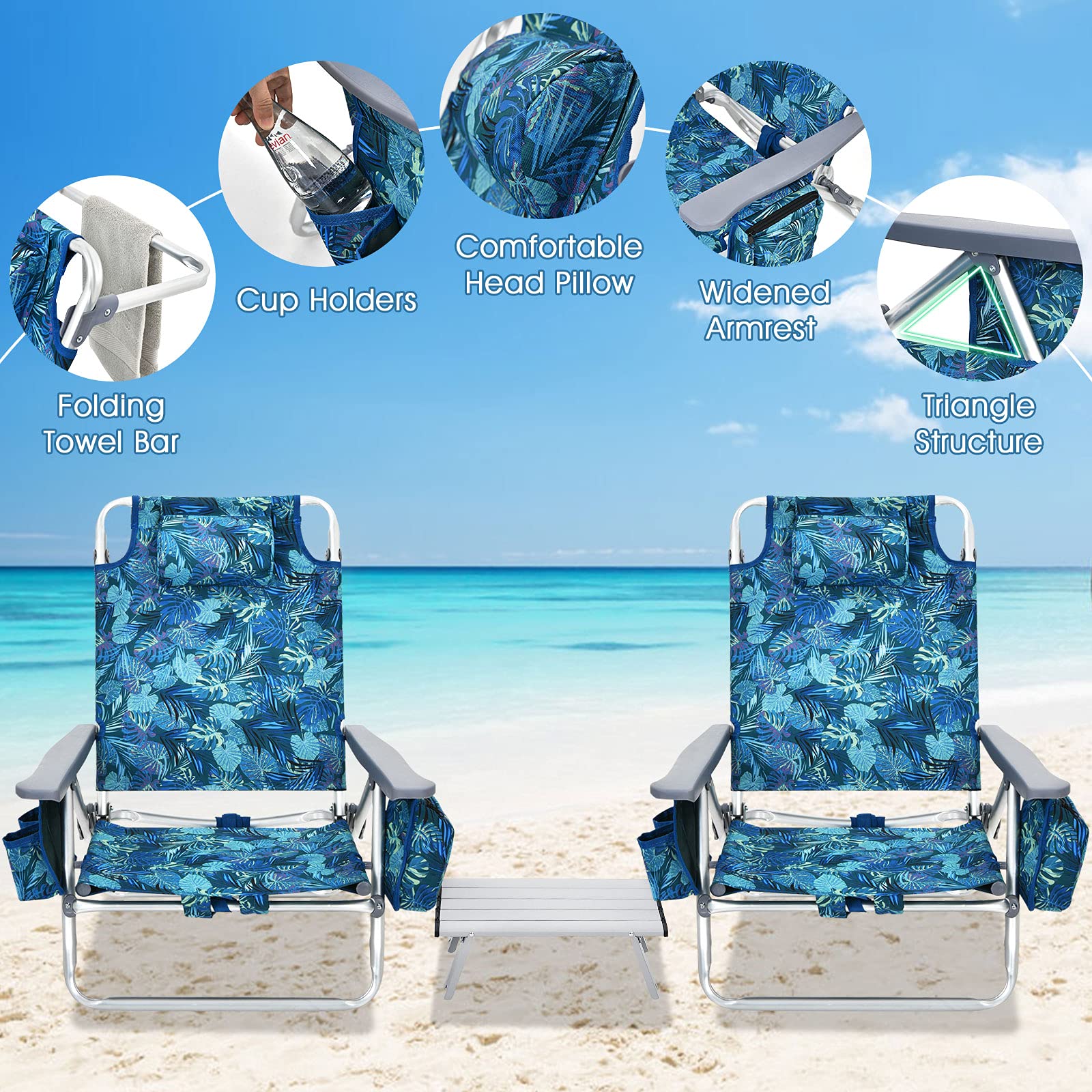 Giantex Folding Camping Chair 3 PCS Beach Chair and Aluminum Table Set, Patio Sling Chairs with 5 Adjustable Position, Backpack Lawn Chair for Fishing, Travelling Sunbathing Chairs Set