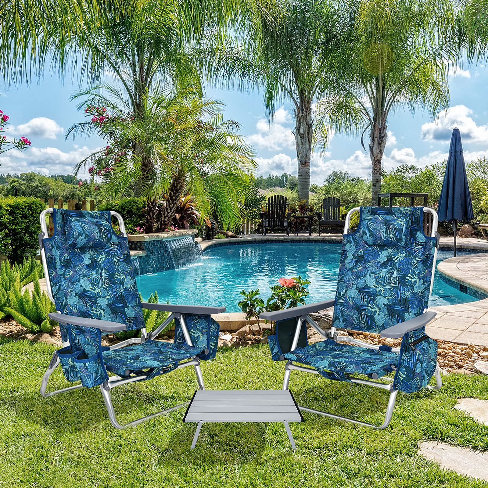 Giantex Folding Camping Chair 3 PCS Beach Chair and Aluminum Table Set, Patio Sling Chairs with 5 Adjustable Position, Backpack Lawn Chair for Fishing, Travelling Sunbathing Chairs Set