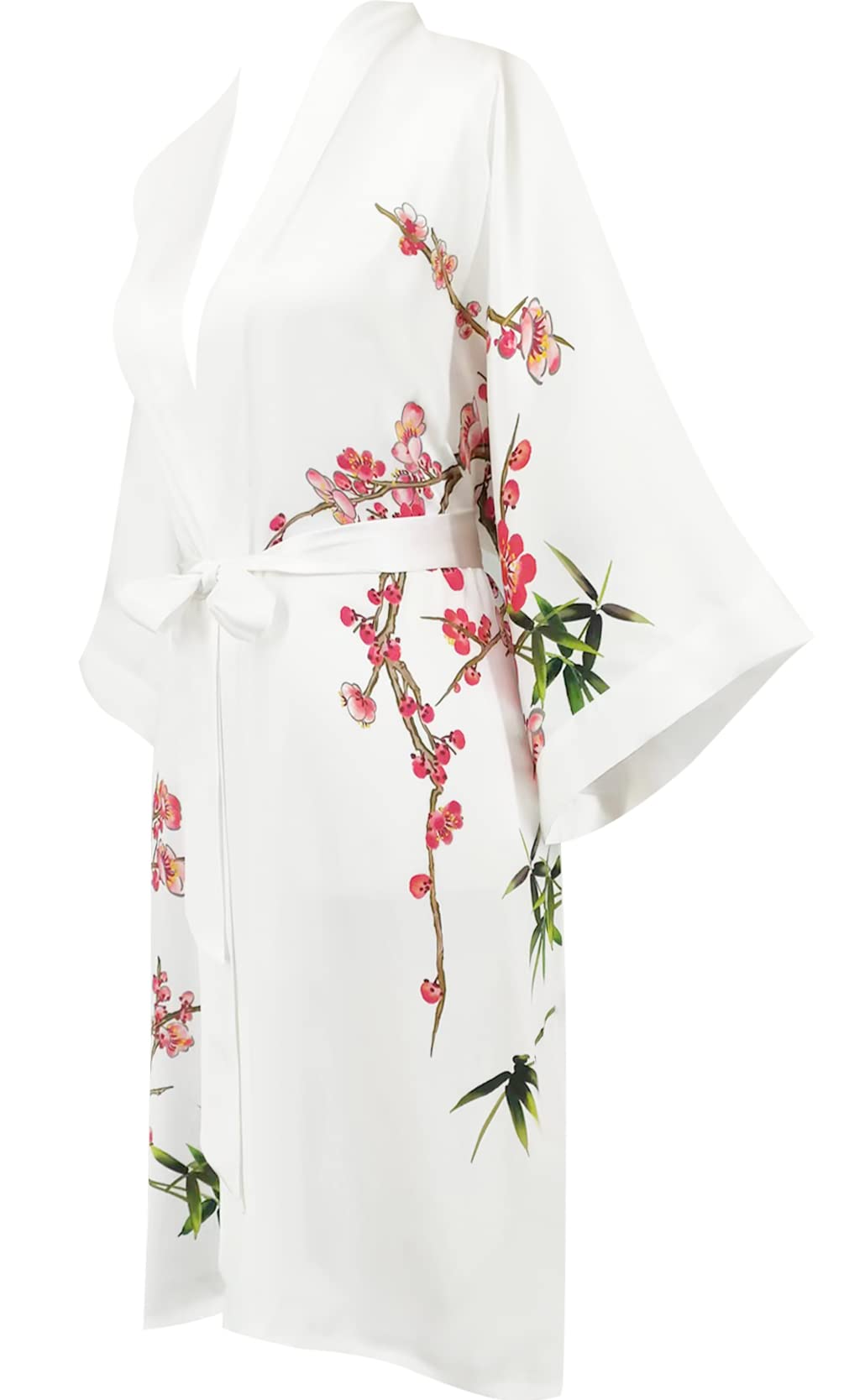 Kwedhonjh women's 100% silk kimono, short bathrobe pajamas, kimono pajamas (Plum white)