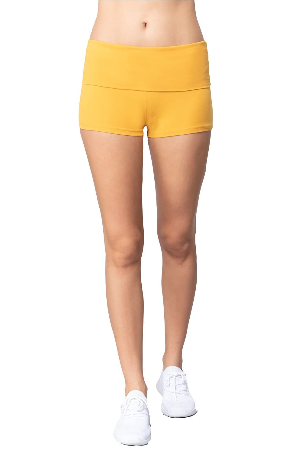 Khanomak Women's Fold Over Stretchy Sports Running Yoga Gym High Waist Cotton Shorts Ochre Mustard Small