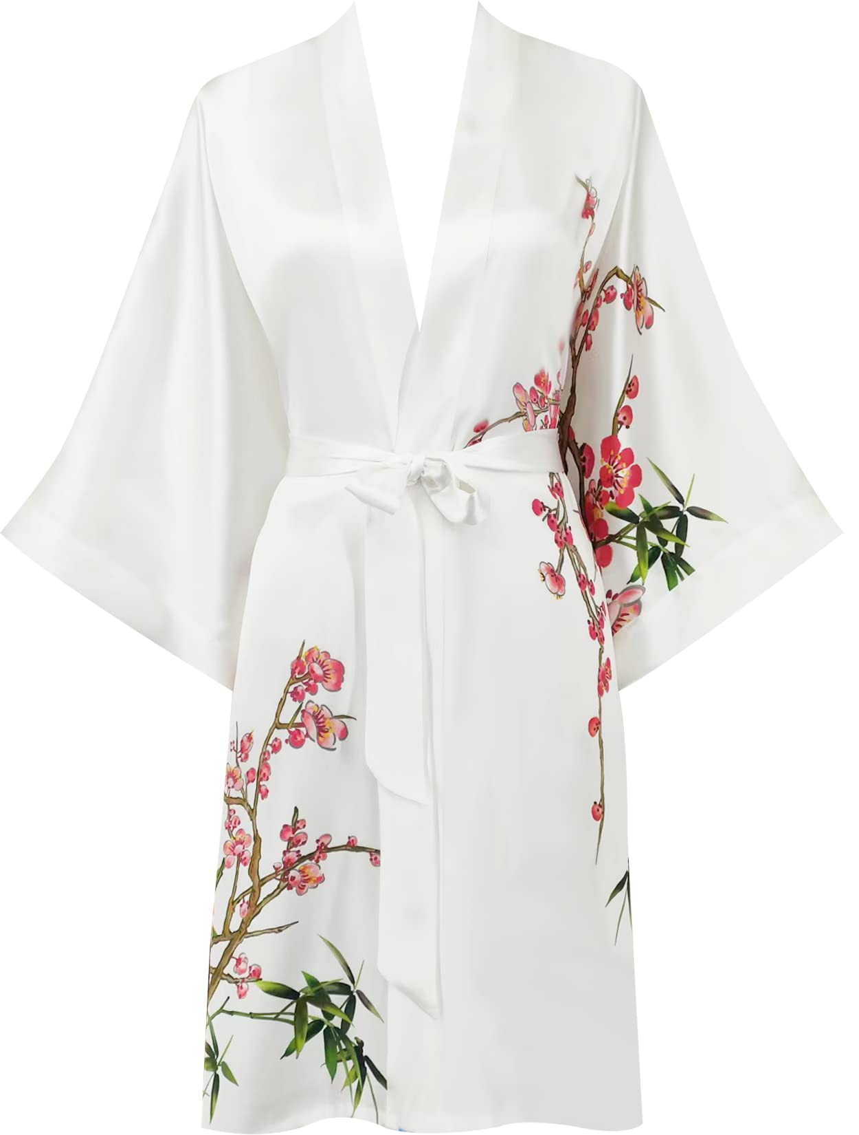 Kwedhonjh women's 100% silk kimono, short bathrobe pajamas, kimono pajamas (Plum white)