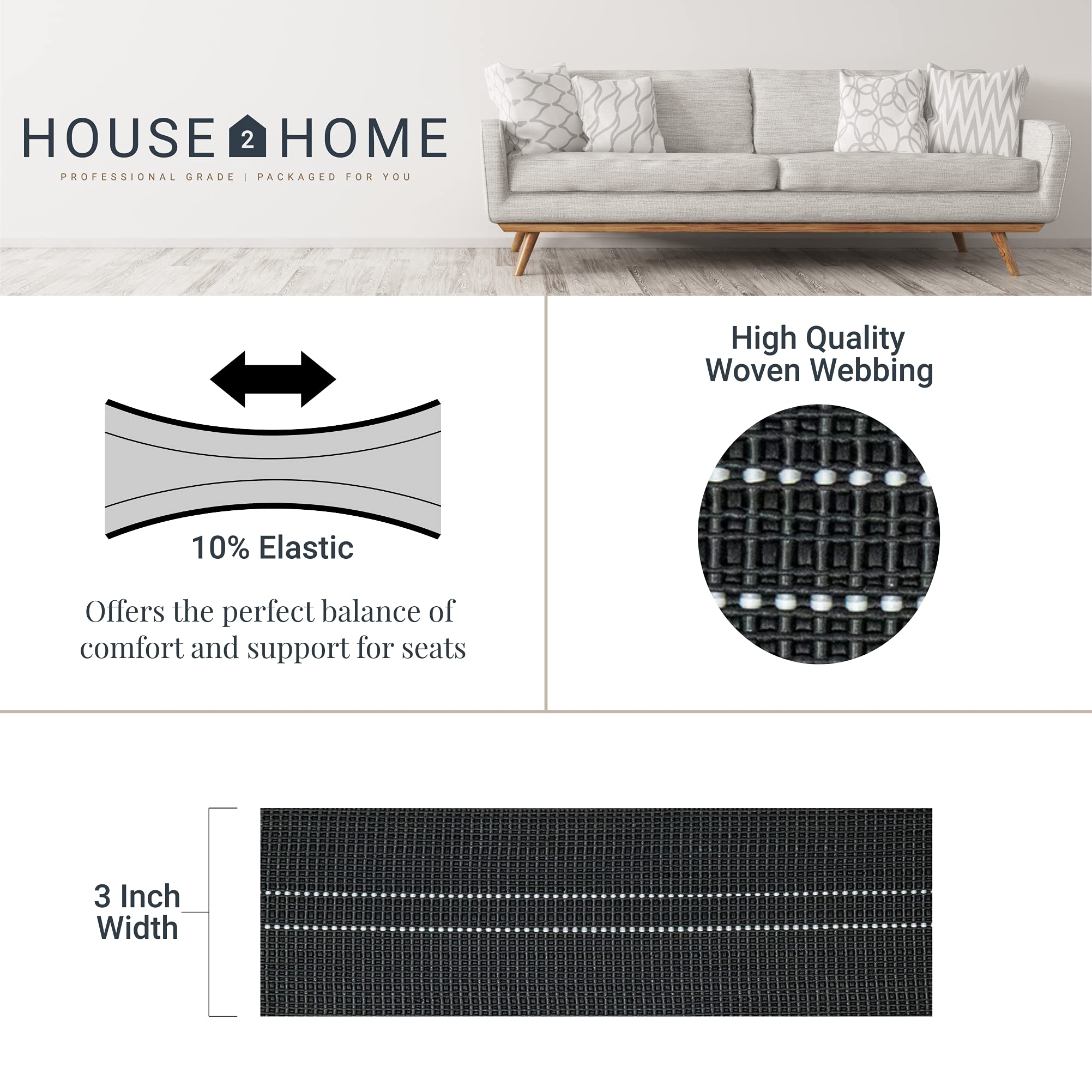 House2Home Webbing for Lawn Chairs and Furniture, Upholstery Webbing to Repair Couch Supports for Sagging Cushions, 3 Inch Wide by 40 Foot Roll 10% Stretch Elastic Chair Webbing Replacement