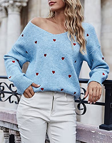 Alsol Lamesa V Neck Sweaters for Women Heart Long Sleeve Embroidery Pattern Pullover Sweaters