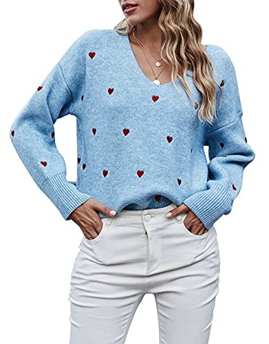 Alsol Lamesa V Neck Sweaters for Women Heart Long Sleeve Embroidery Pattern Pullover Sweaters