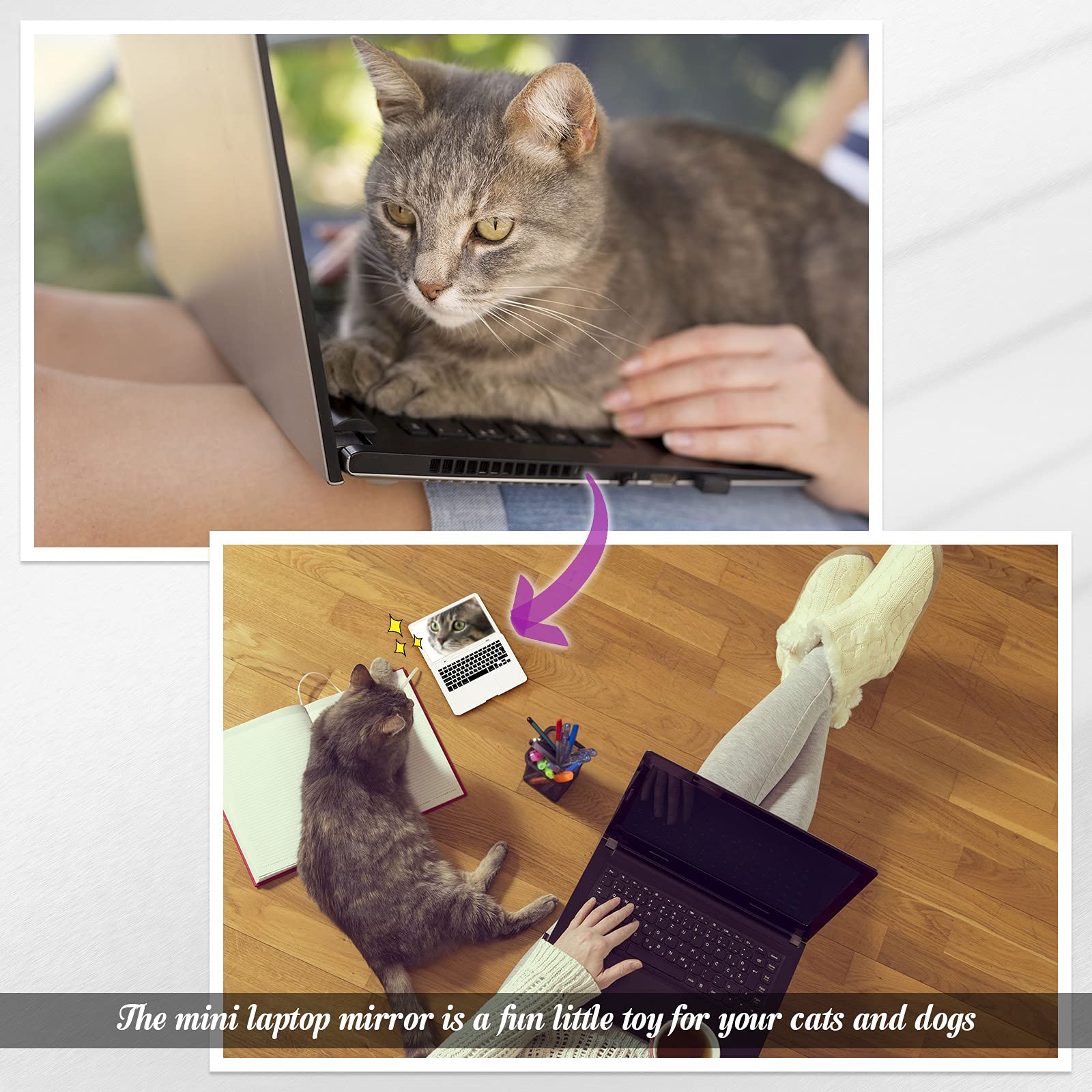 Jetec Mini Cat Laptop Toy Pocket Mirror Cat Laptop 3.7 x 2.5 Inch Tiny Fake Computer Compact Mirror for Dollhouse Pet Travel Makeup Decoration(White)