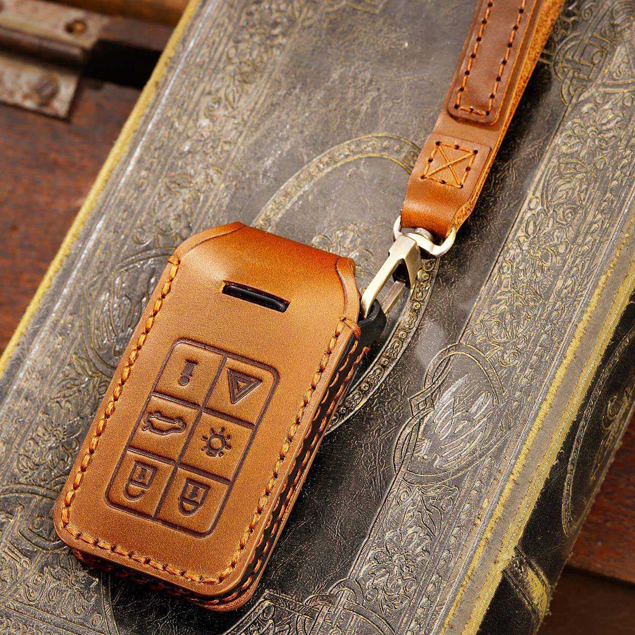 ontto 6-button Key Fob Cover for Volvo Premium Leather Key Protector Black