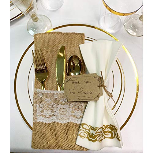 Honbay 12PCS Burlap Lace Knifes Forks Napkin Silverware Bags Utensil Cutlery Holders for Party Wedding (8 x 4 Inch)