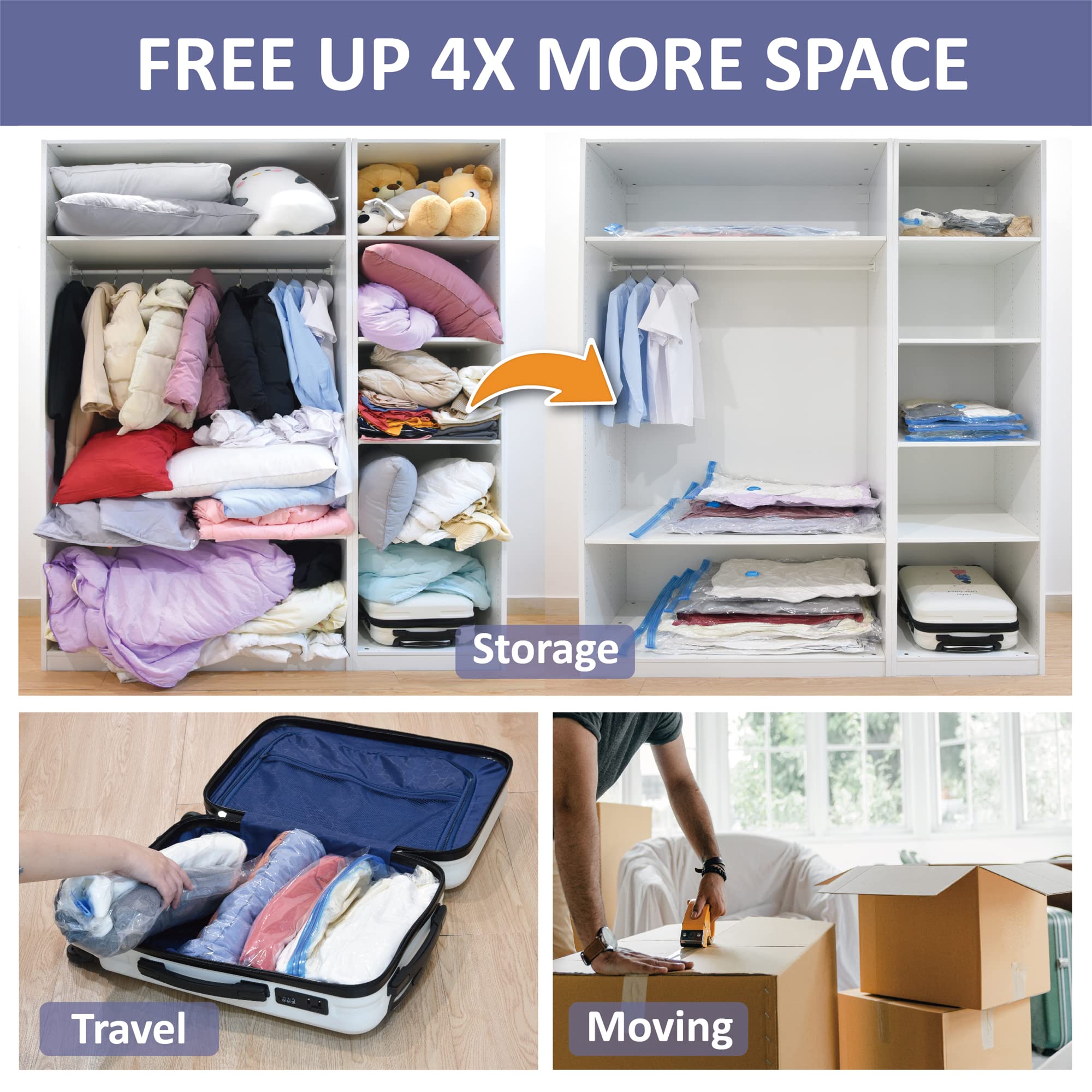 25 Pack Space Saver Bags (5 Jumbo/5 Large/5 Medium/5 Small/5 Roll) Compression Storage Bags for Comforters and Blankets, Vacuum Sealer Bags for Clothes Storage, Hand Pump Included