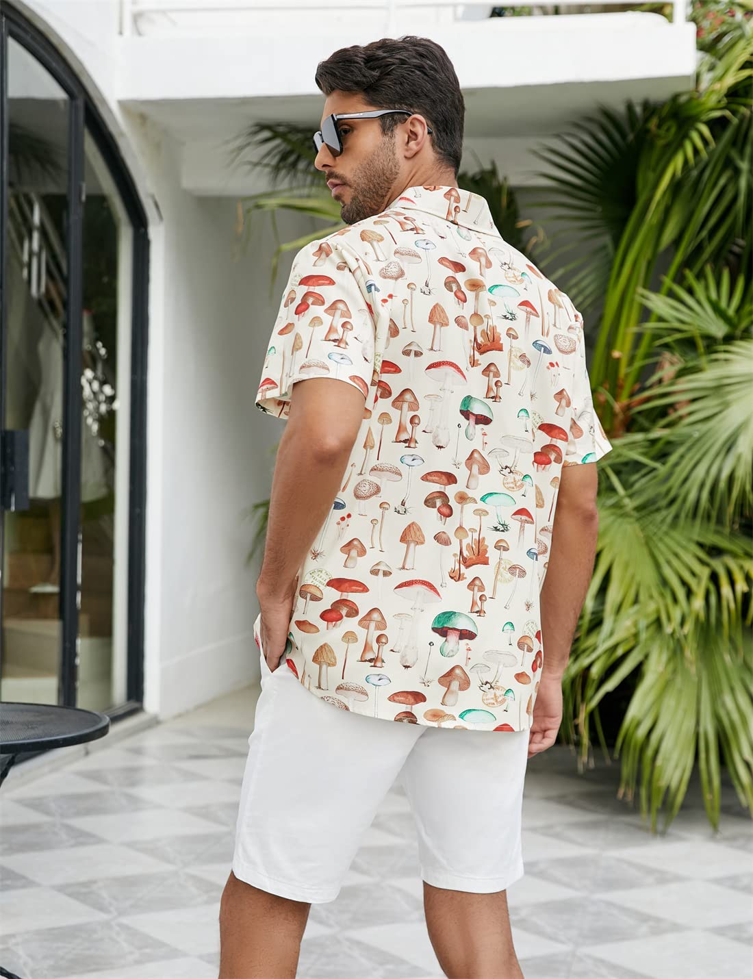PAODIKUAI Mushroom Shirts for Men Hawaiian Short Sleeve Button Down Cute Mushroom Printed Shirt (Mushroom Yellow, Large)
