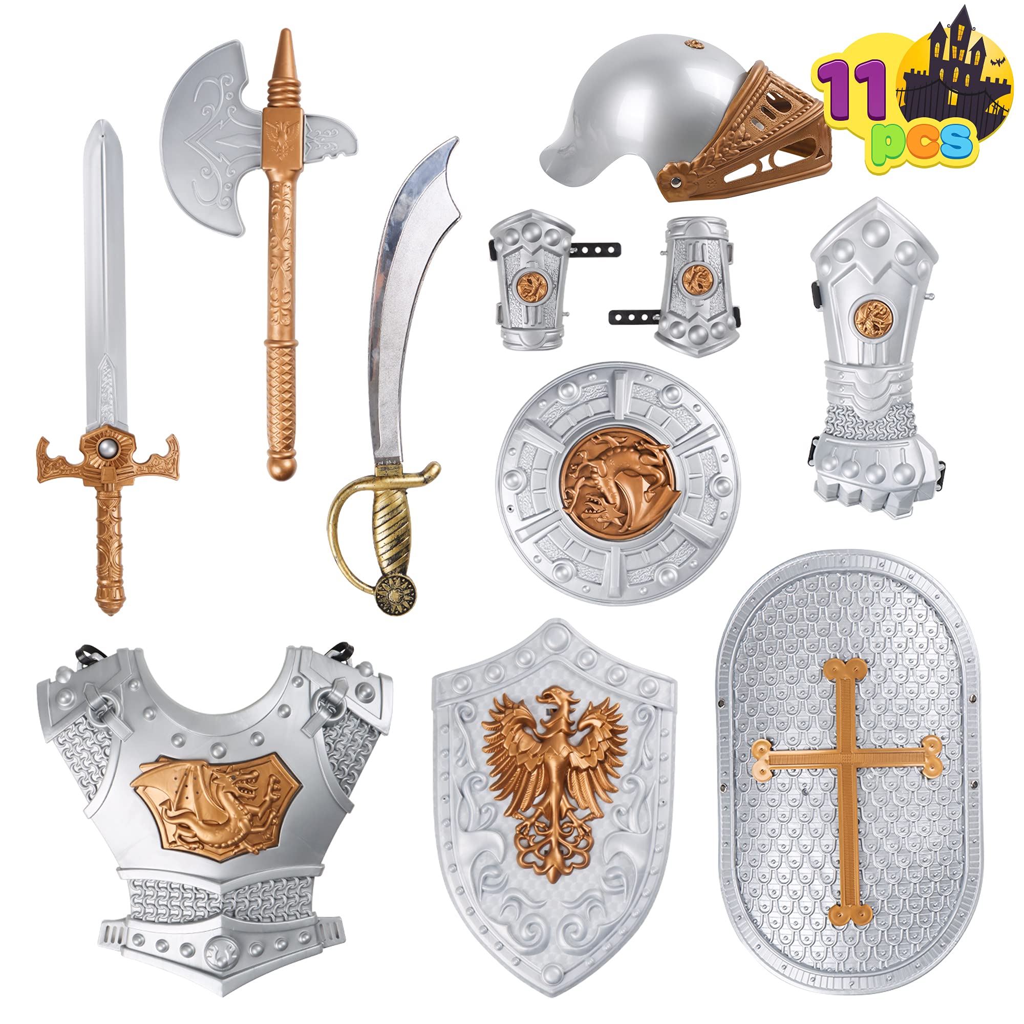 JOYIN Silver Knight in Shining Armor Medieval Pretend Role Play Plastic Toy Halloween Costume Set with Accessories, Kingdom Cosplay with Weapons for Halloween Dress Up Party Decoration