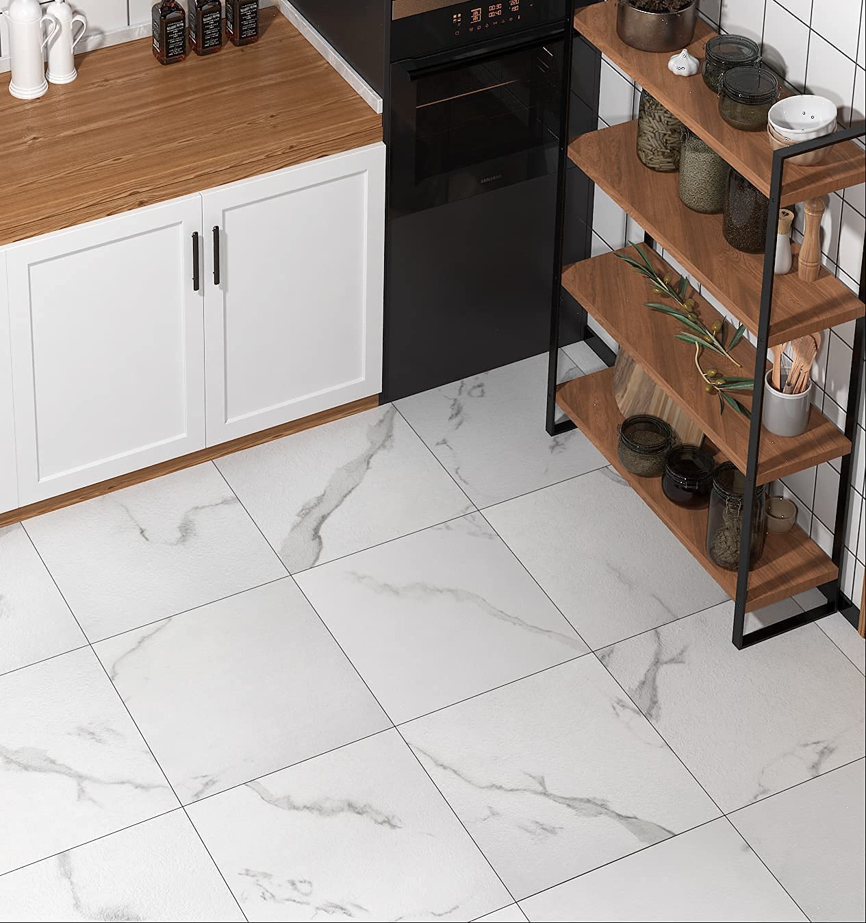 FunStick White Peel and Stick Flooring Tiles Waterproof 12 x 12 Inch 15 Pack Removable Marble Vinyl Flooring Peel and Stick Floor Tile Bathroom Floor Vinyl Sticker Tiles for Kitchen Bedroom Flooring