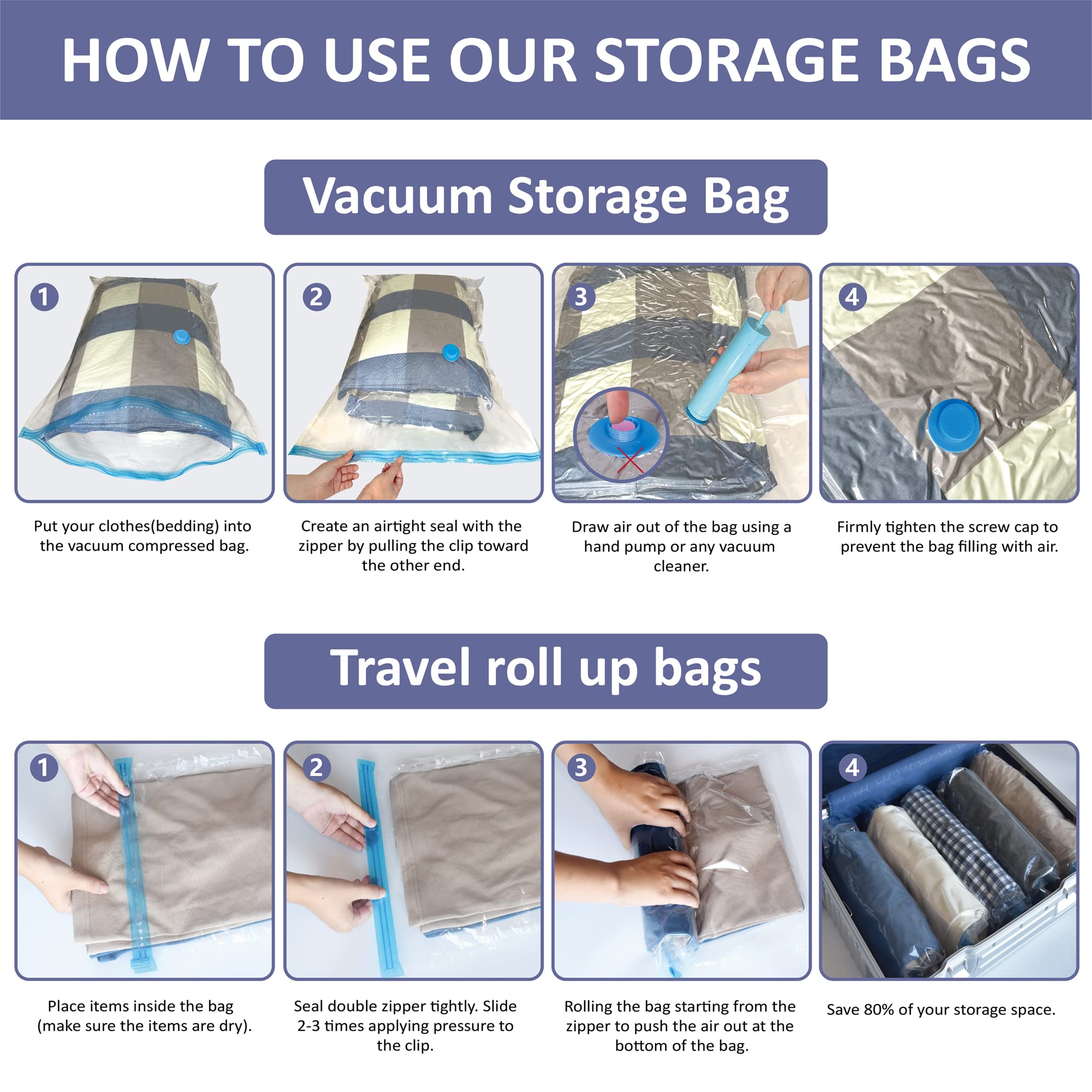 25 Pack Space Saver Bags (5 Jumbo/5 Large/5 Medium/5 Small/5 Roll) Compression Storage Bags for Comforters and Blankets, Vacuum Sealer Bags for Clothes Storage, Hand Pump Included