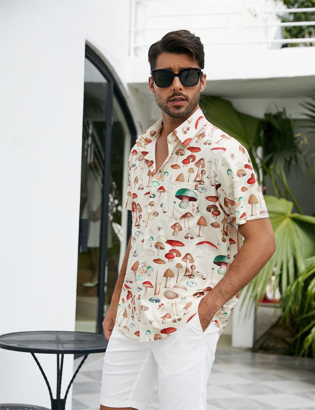 PAODIKUAI Mushroom Shirts for Men Hawaiian Short Sleeve Button Down Cute Mushroom Printed Shirt (Mushroom Yellow, Large)