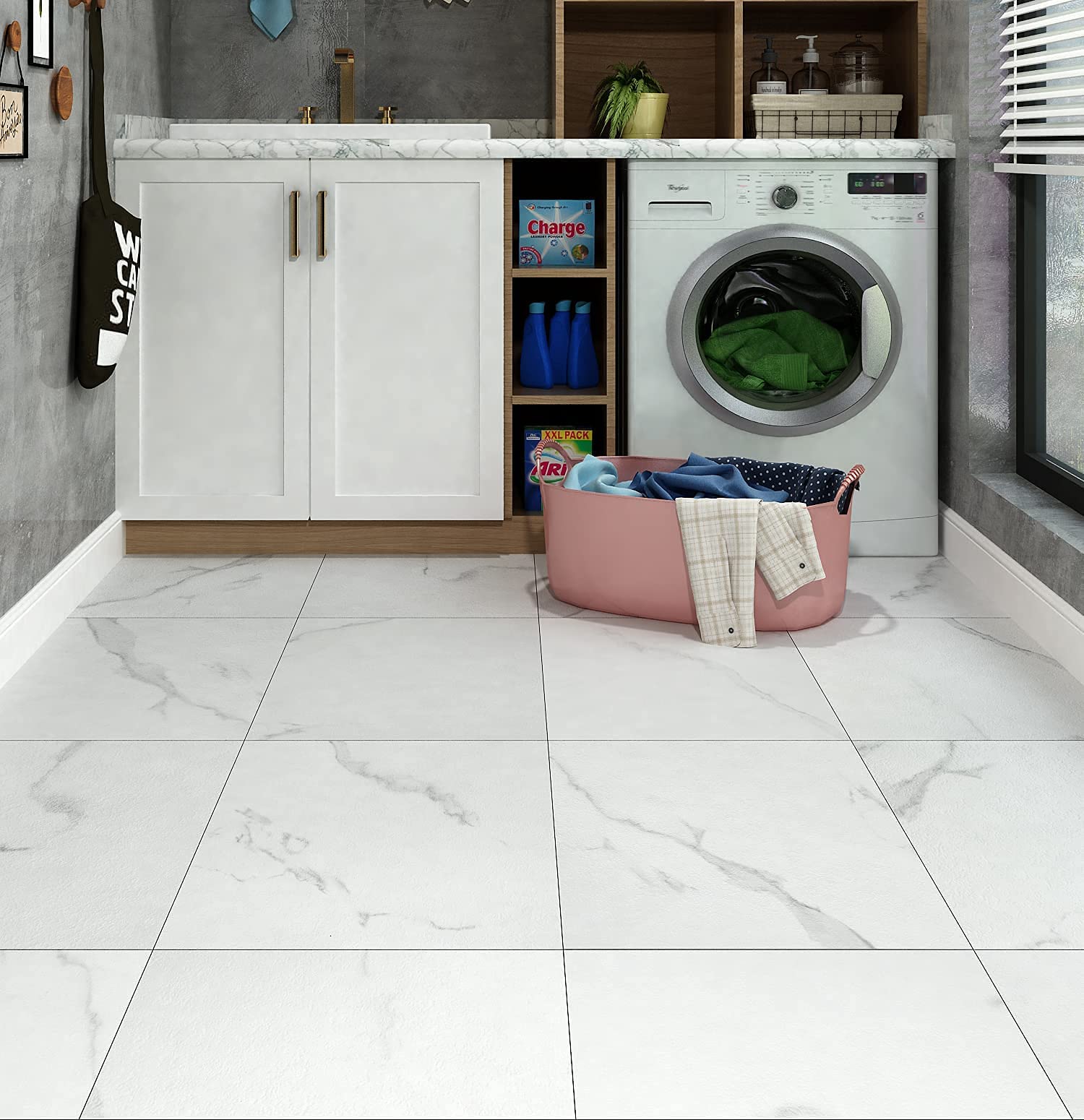 FunStick White Peel and Stick Flooring Tiles Waterproof 12 x 12 Inch 15 Pack Removable Marble Vinyl Flooring Peel and Stick Floor Tile Bathroom Floor Vinyl Sticker Tiles for Kitchen Bedroom Flooring