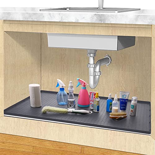 Under Sink Mats for Kitchen Waterproof, 34" x 22" Silicone Under Sink Liner with Drain Hole, Hold up to 2.3 Gallons Liquid, Kitchen Bathroom Cabinet Mat, Protector for Drips Leaks Spills Tray