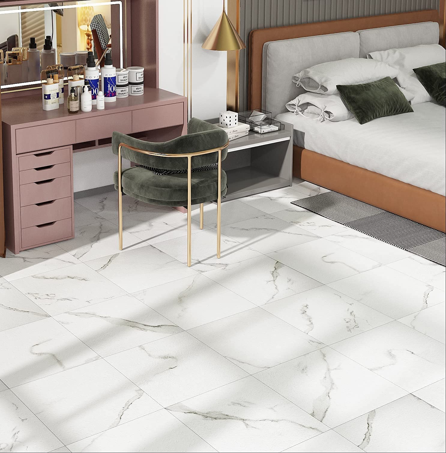 FunStick White Peel and Stick Flooring Tiles Waterproof 12 x 12 Inch 15 Pack Removable Marble Vinyl Flooring Peel and Stick Floor Tile Bathroom Floor Vinyl Sticker Tiles for Kitchen Bedroom Flooring