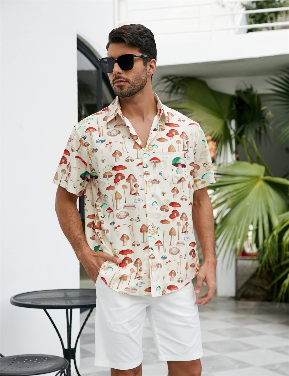 PAODIKUAI Mushroom Shirts for Men Hawaiian Short Sleeve Button Down Cute Mushroom Printed Shirt (Mushroom Yellow, Large)