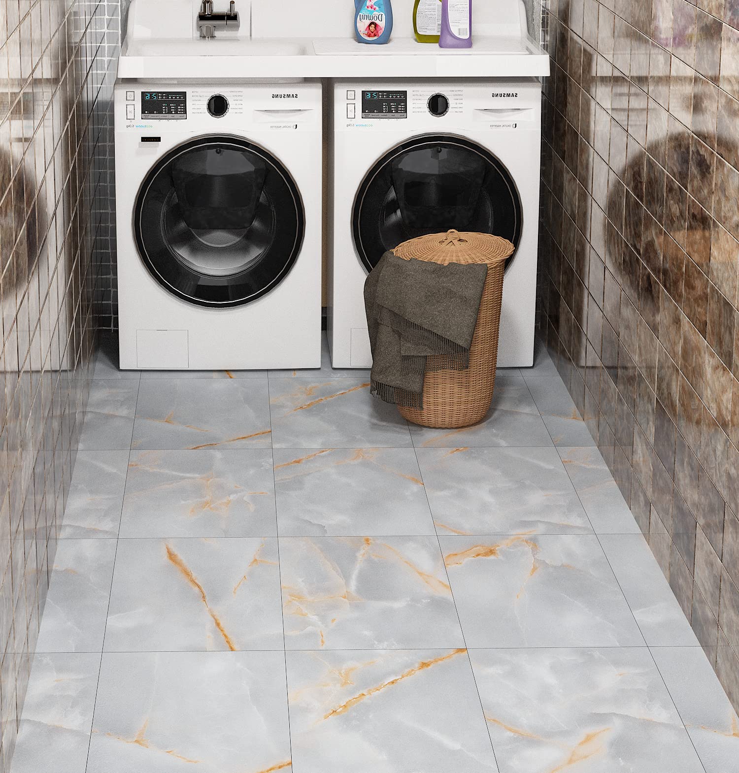 FunStick 30 Pack Peel and Stick Floor Tile Waterproof 12 x 12 Inch Grey Gold Marble Vinyl Flooring Peel and Stick for Bathroom Floor Tile Stickers Kitchen Laundry Room Bedroom Garage Laminate Flooring