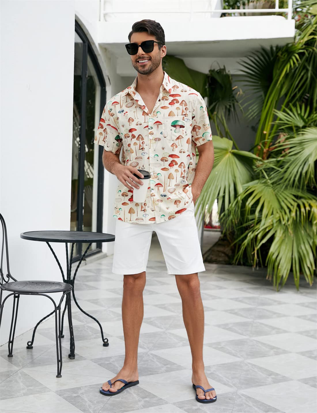 PAODIKUAI Mushroom Shirts for Men Hawaiian Short Sleeve Button Down Cute Mushroom Printed Shirt (Mushroom Yellow, Large)