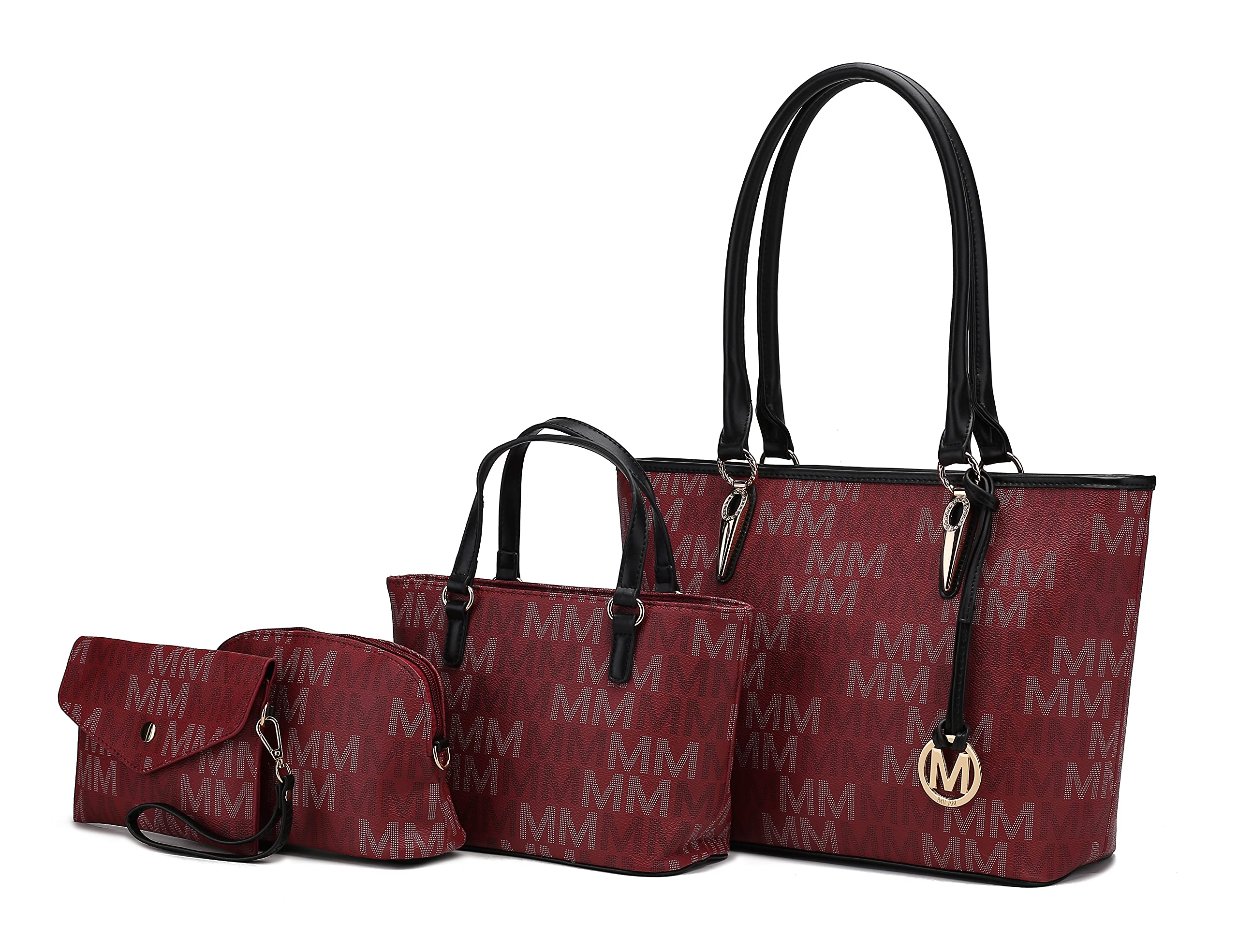 MKF Collection Tote Bag for Women, Shoulder Handbag & Wristlet Pouch Purse Top Handle Vegan Leather 4Pcs Set Pocketbook Alexy Burgundy Red by Mia k