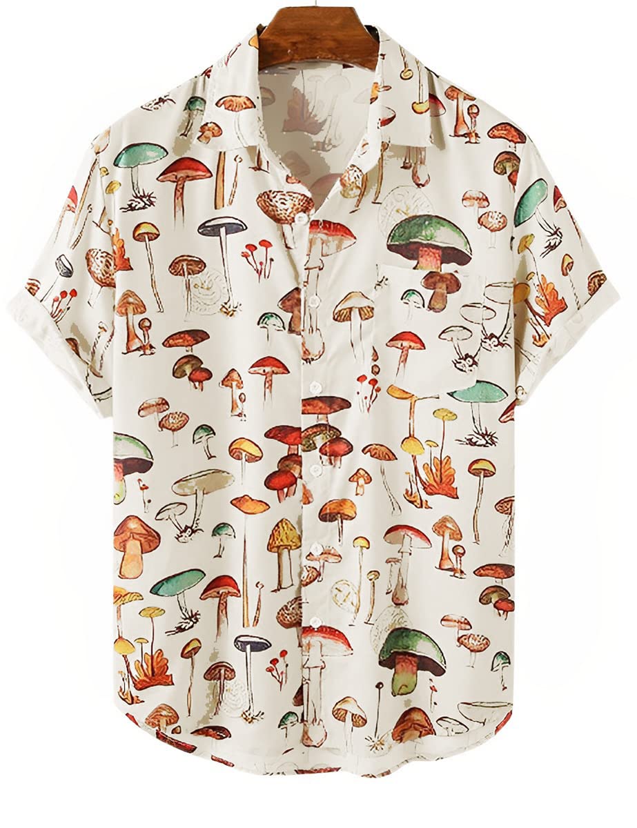 PAODIKUAI Mushroom Shirts for Men Hawaiian Short Sleeve Button Down Cute Mushroom Printed Shirt (Mushroom Yellow, Large)