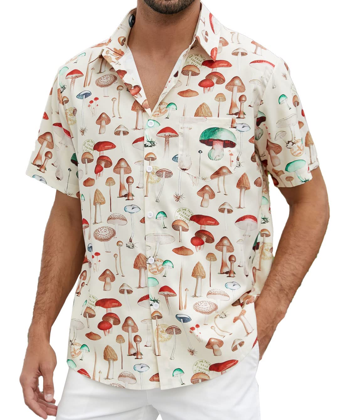 PAODIKUAI Mushroom Shirts for Men Hawaiian Short Sleeve Button Down Cute Mushroom Printed Shirt (Mushroom Yellow, Large)