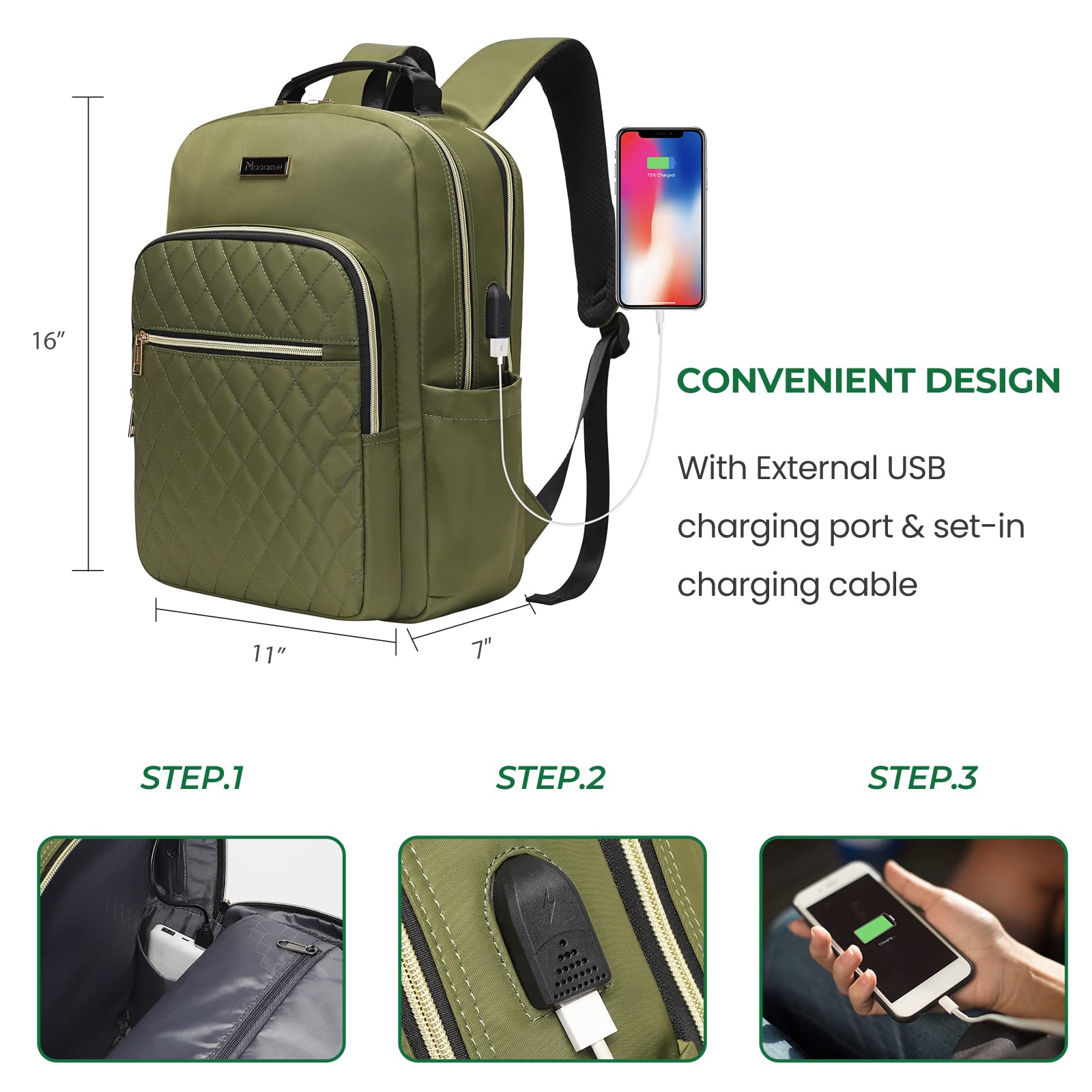 Modoker 15.6 Inch Laptop Backpack for Women, Quilted Work Backpack for Women Bookbag Teacher Backpack, Travel Backpack with USB Charging Port, Backpack Purse for Women Nurse, Green