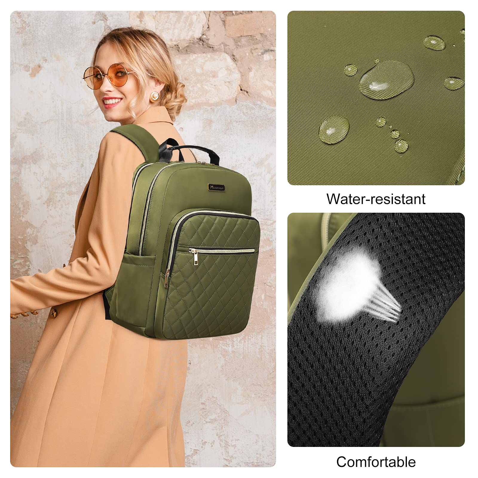 Modoker 15.6 Inch Laptop Backpack for Women, Quilted Work Backpack for Women Bookbag Teacher Backpack, Travel Backpack with USB Charging Port, Backpack Purse for Women Nurse, Green
